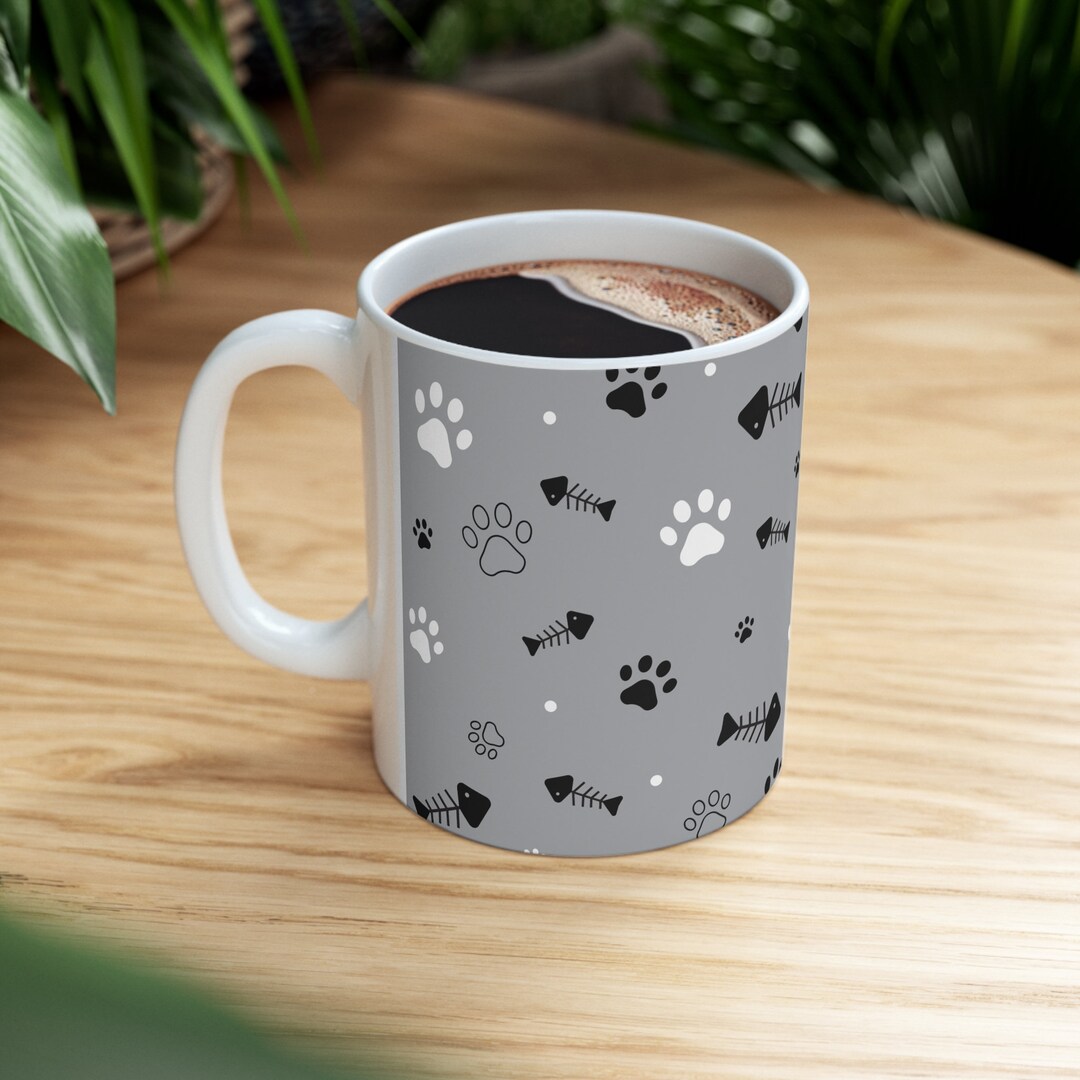 Grey Paw Print Fish Mug, Animal Lover Coffee Cup, Pet-themed Ceramic ...