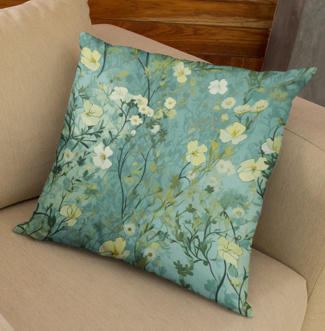 Blue Green Flower Pillow Elegant Throw Pillow Dark Blue Green Gift ...