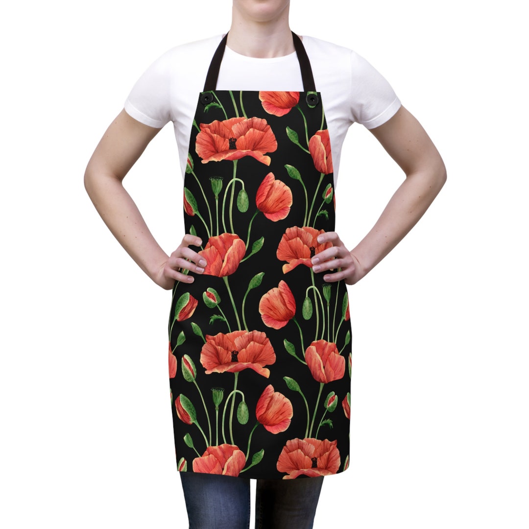 Red Poppy Field Apron - Black Premium Cooking Apron, Polyester Apron ...