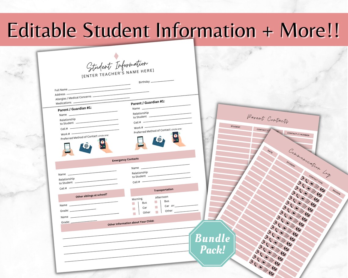 Editable Student Information Template, Parent Contact Log ...