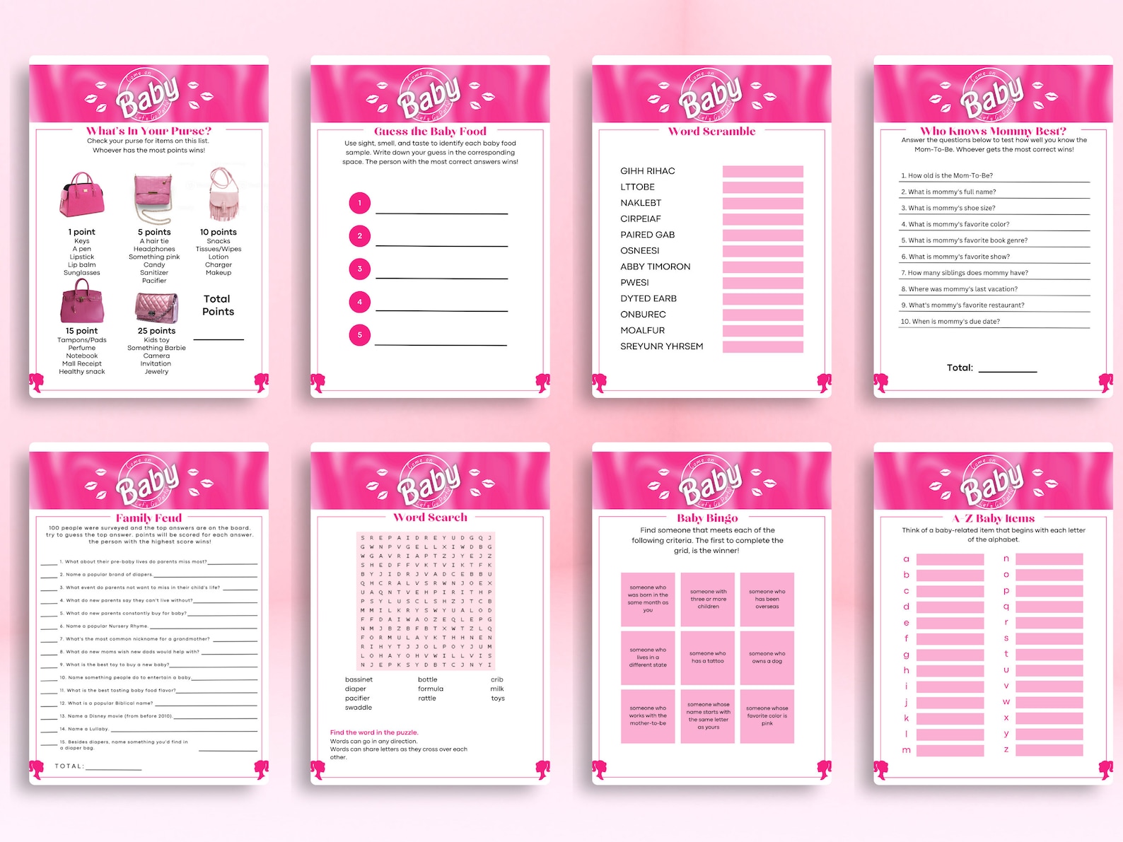 Editable Pink Baby Shower Games With Answer Keys | Come on Baby |baby ...