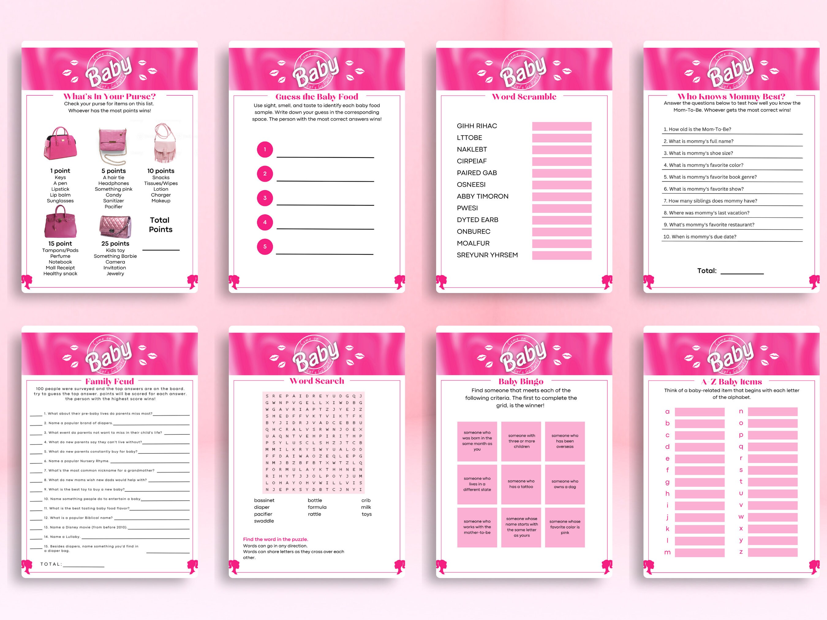 Editable Pink Baby Shower Games With Answer Keys | Come on Baby |baby ...