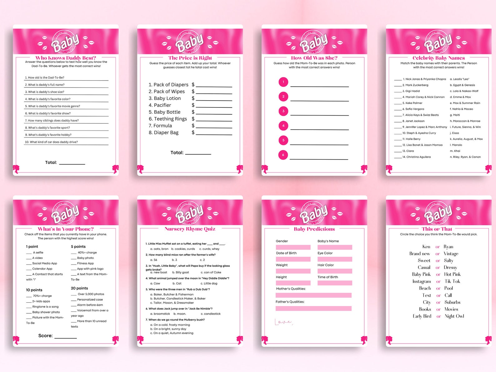 Editable Pink Baby Shower Games With Answer Keys | Come on Baby |baby ...