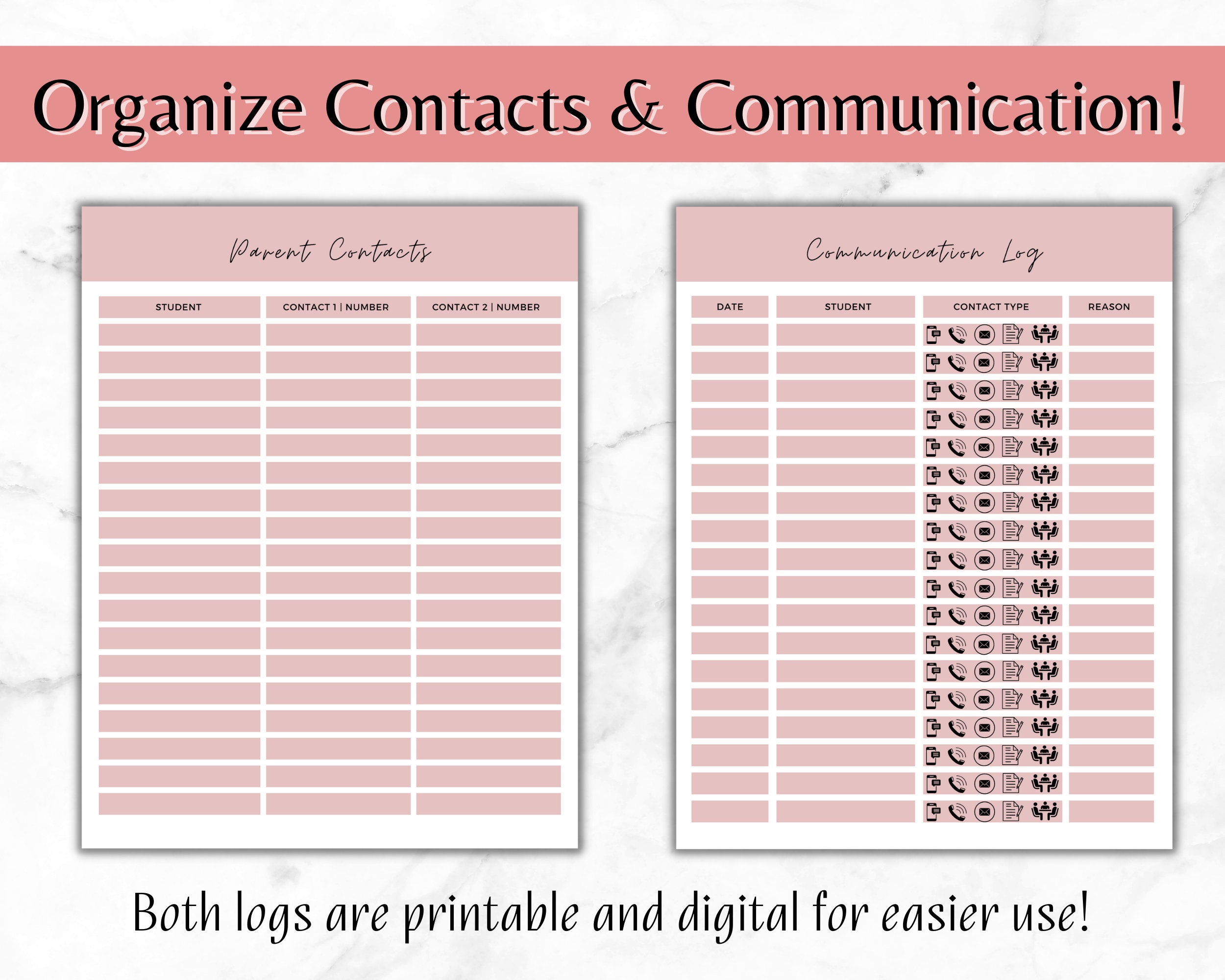 Editable Student Information Template, Parent Contact Log ...