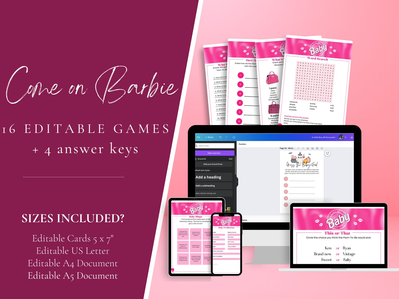Editable Pink Baby Shower Games With Answer Keys | Come on Baby |baby ...