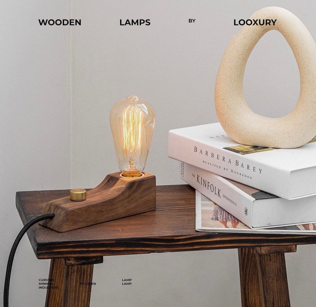 Wooden Table Lamp Edison Bulb, Walnut Small Desk Lamp, Bedside Lamp ...