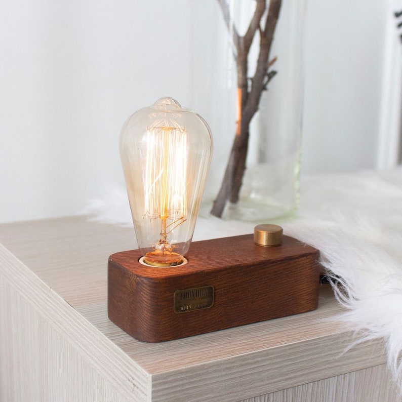 Small Wooden Lamp, Industrial Edison Lamp, Home Decor Lamp, Bedside ...