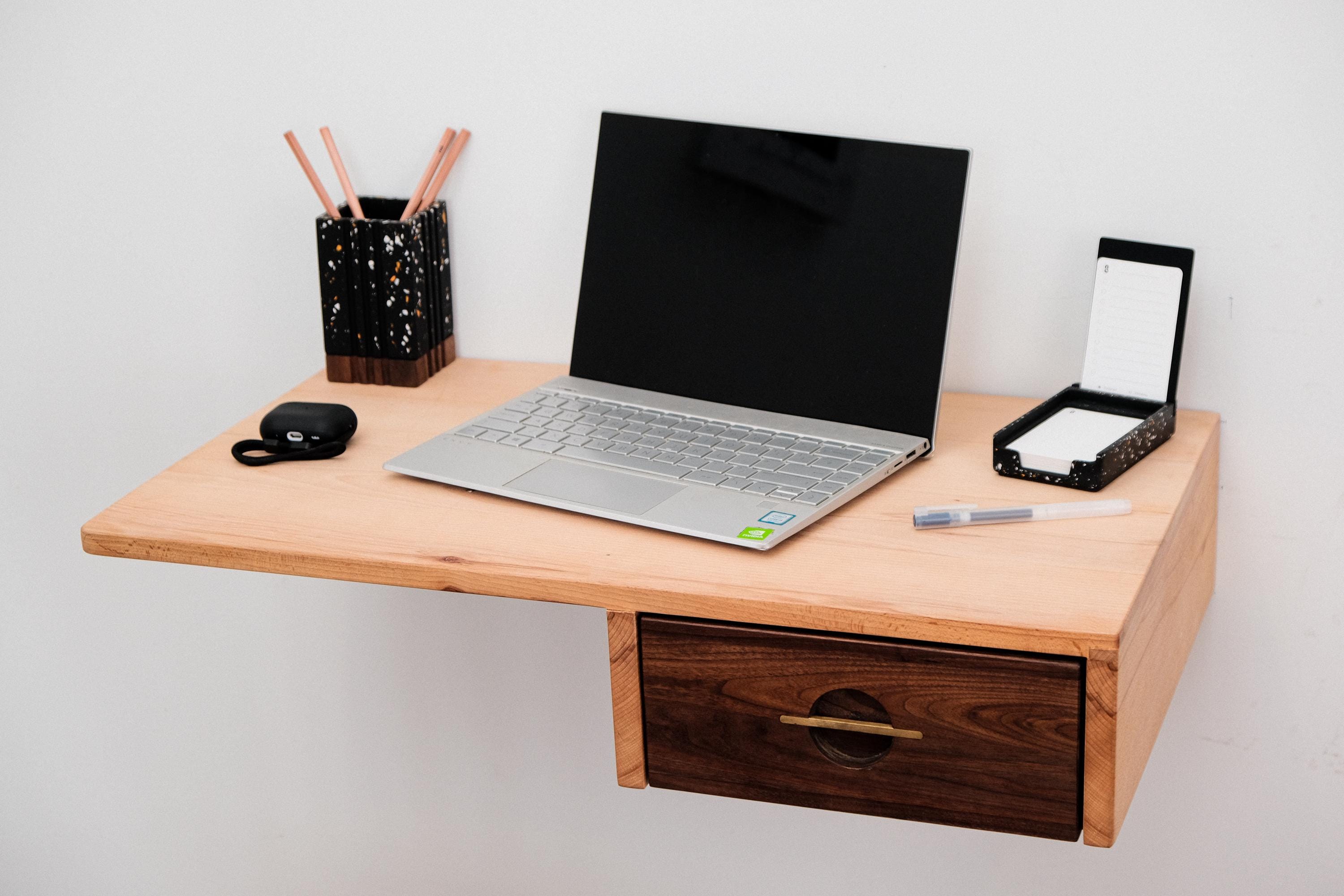 Solid Wood Floating Desk With Drawer, Home Office Desk With Brass ...
