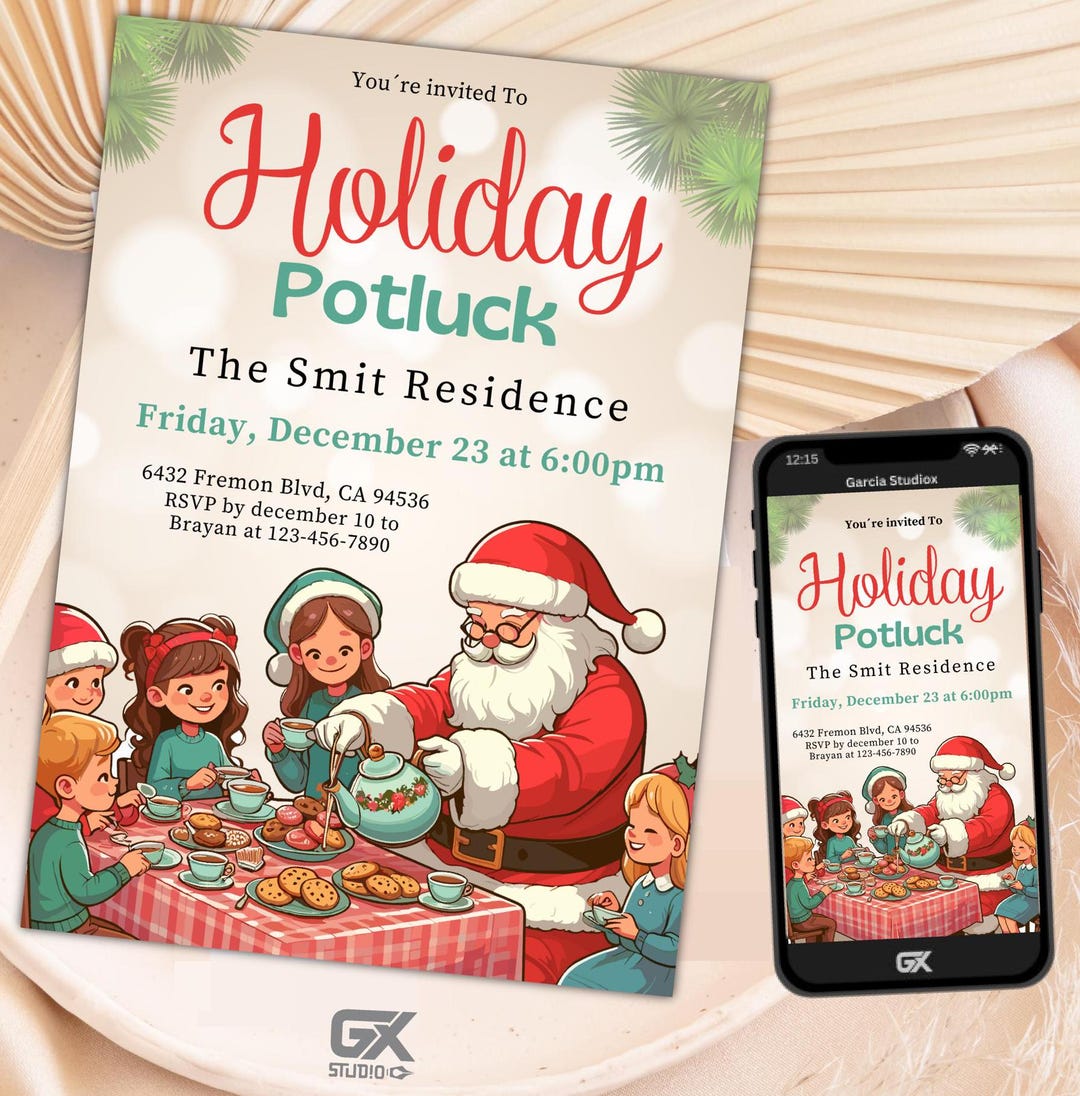 Editable Holiday Potluck Invitation, Christmas Dinner With Santa Claus ...