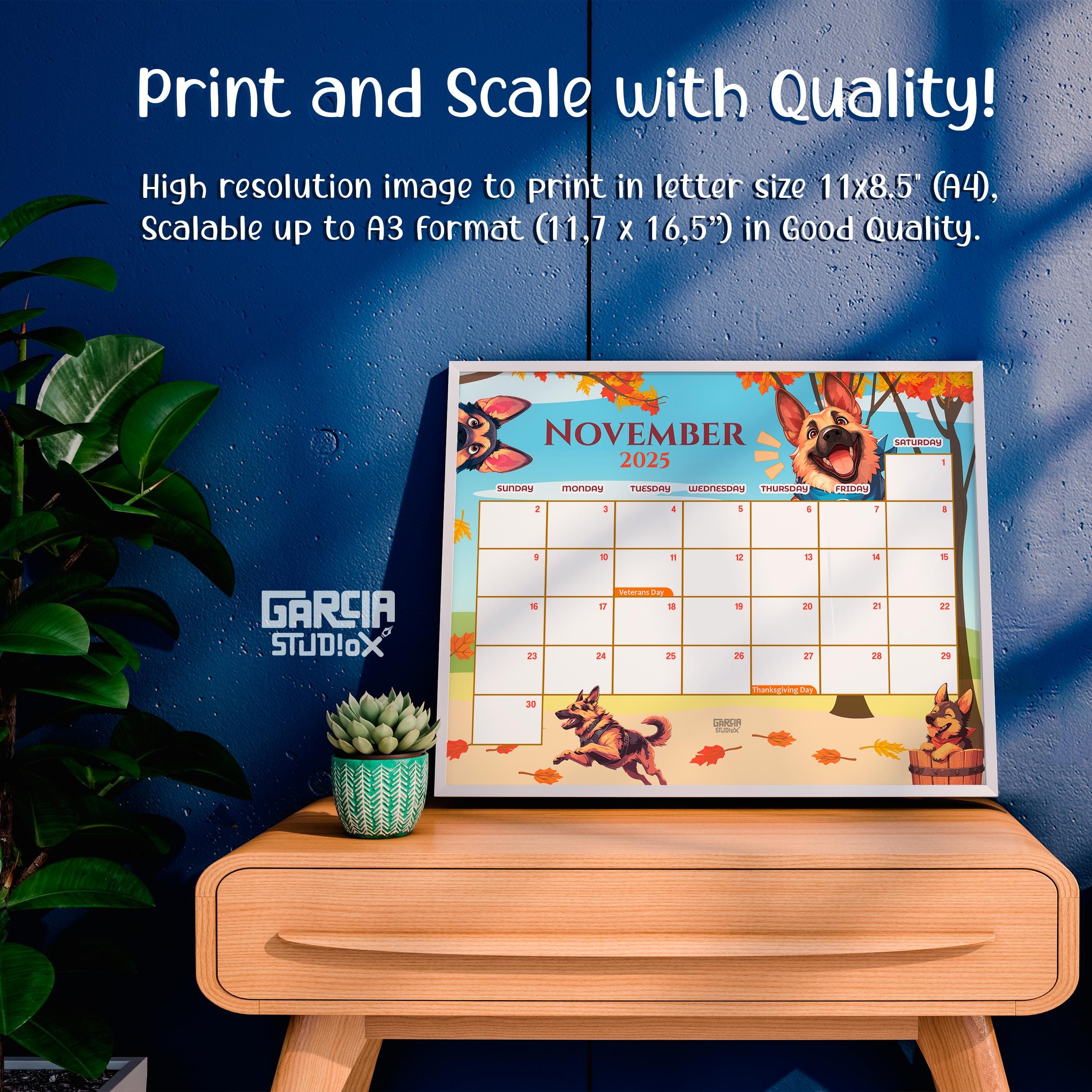 November 2025 Calendar German Shepherd Dog, EDITABLE Template for ...