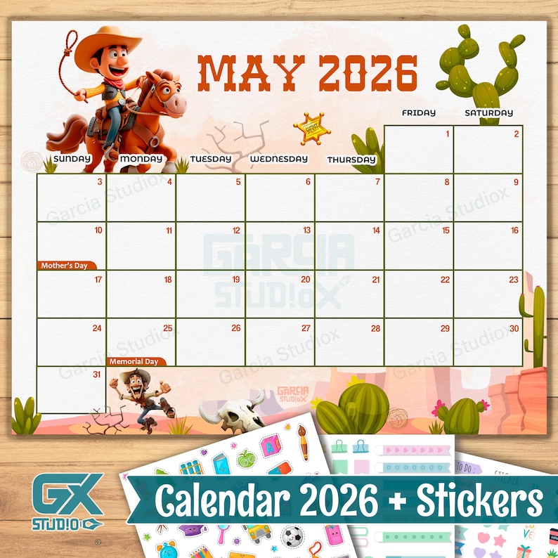 Printable May 2026 Calendar for Kids With Cowboy Theme, Monthly Planner ...