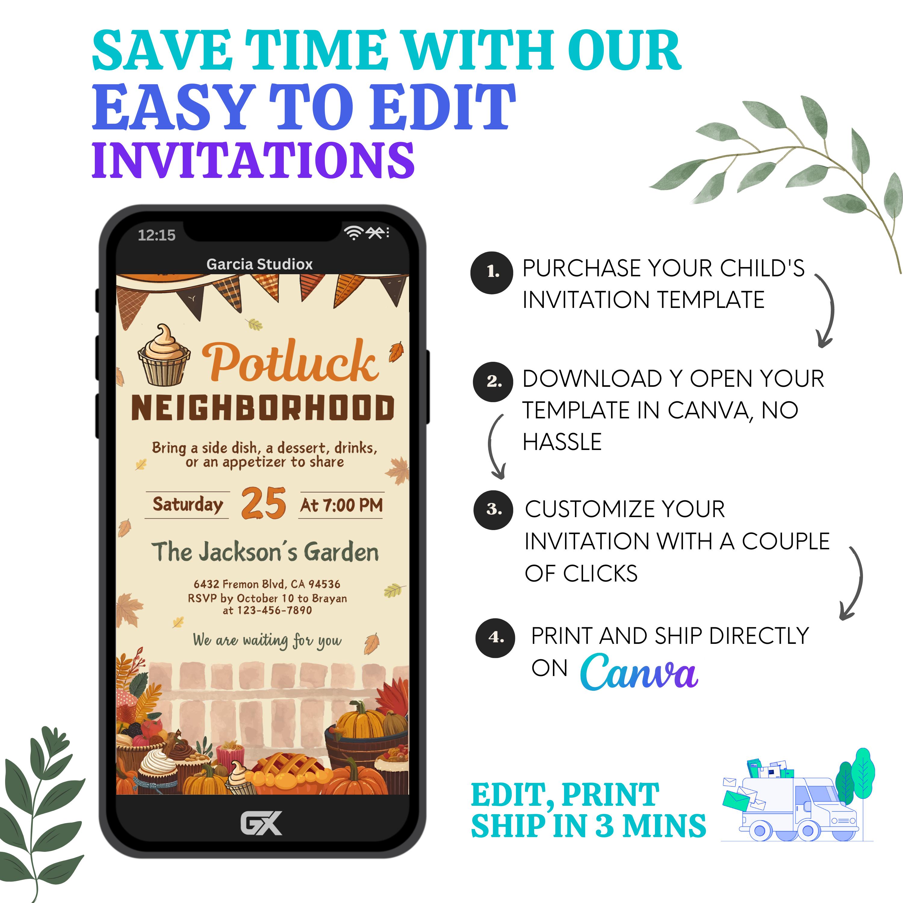 EDITABLE Potluck Neighborhood Invitation, Fall Theme, Autumn Gathering ...