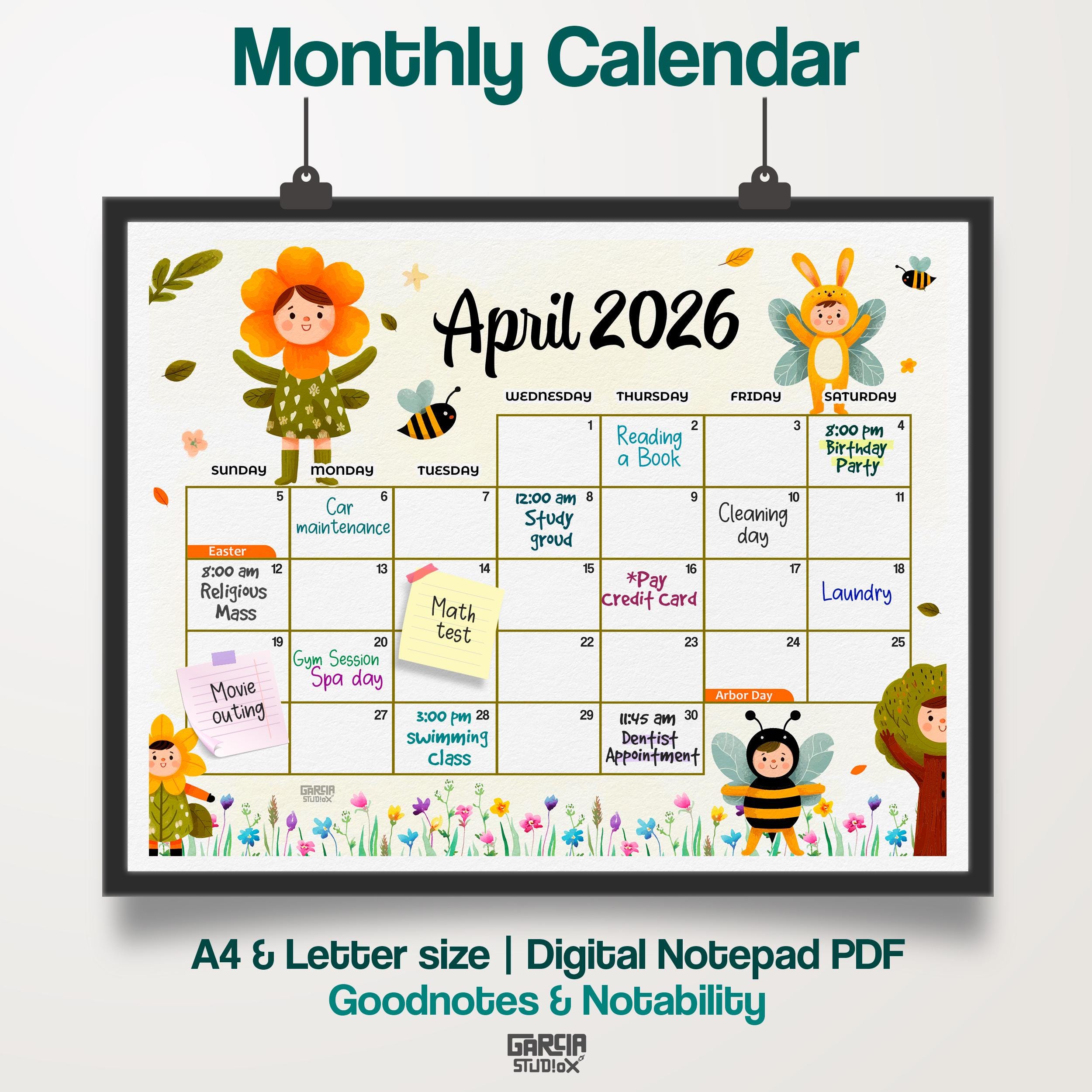 April 2026 Printable Calendar for Kids, Editable Monthly Planner ...
