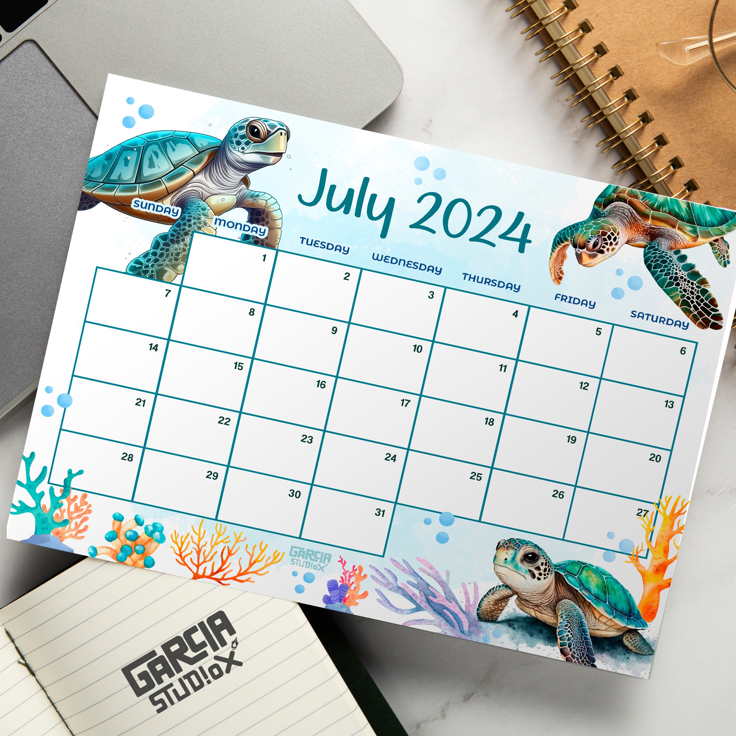 EDITABLE July 2024 Calendar With Sea Turtle Design, Fillable Summer ...