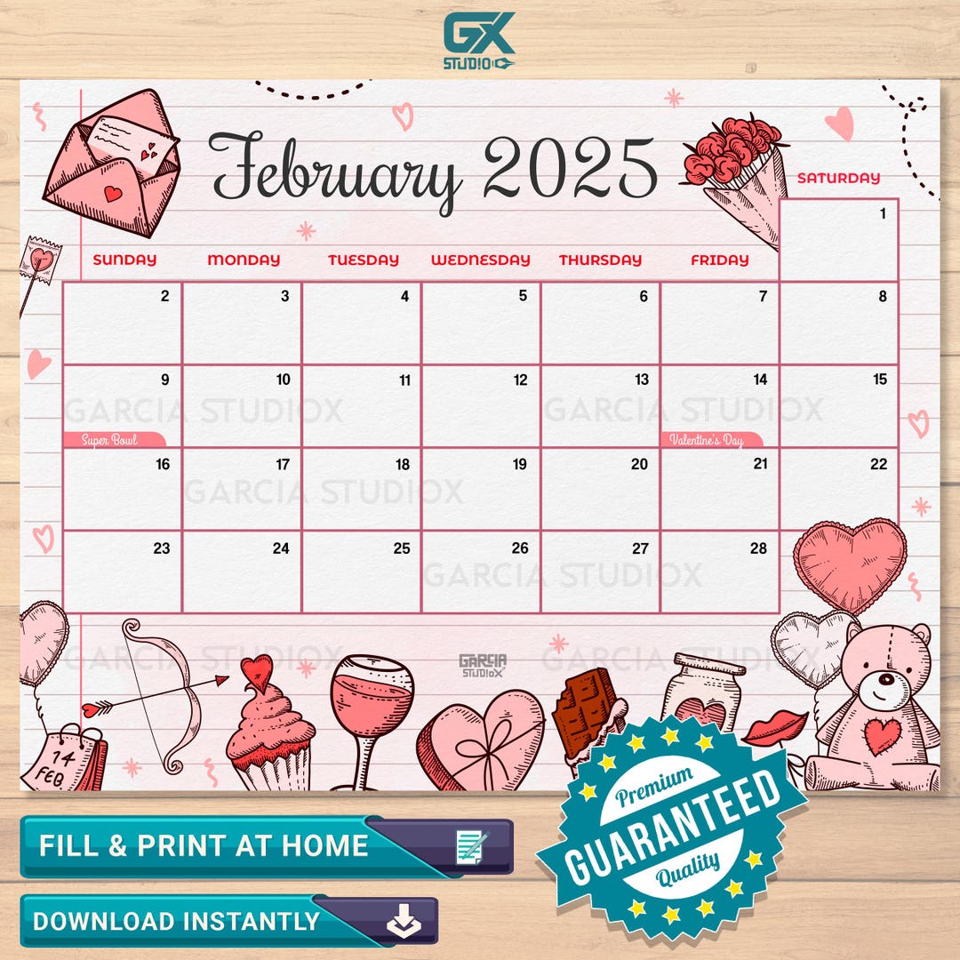 Valentine's Day Calendar February 2025 | Editable & Printable PDF ...