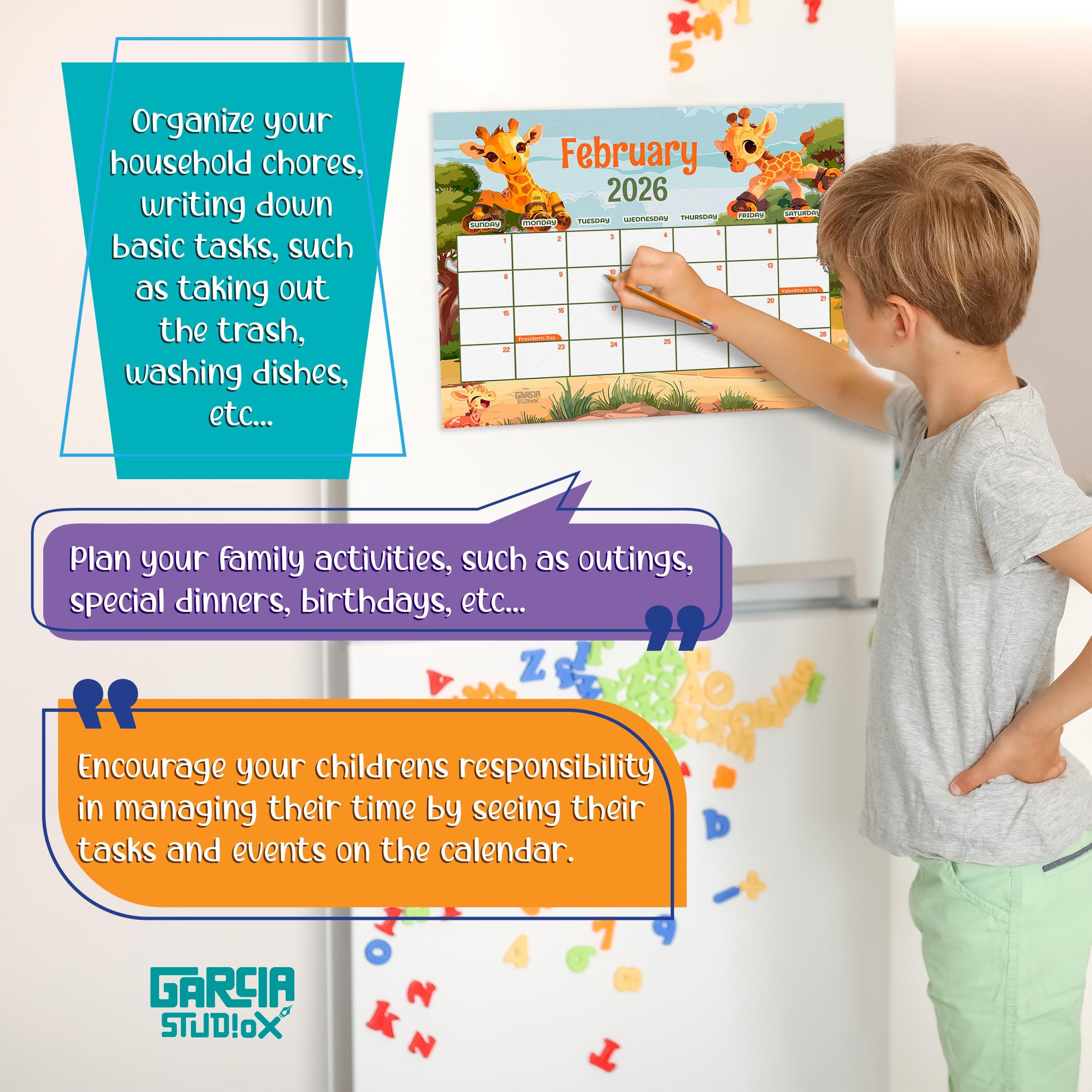 February 2026 Printable Calendar for Kids, Cute Safari Giraffe Theme ...