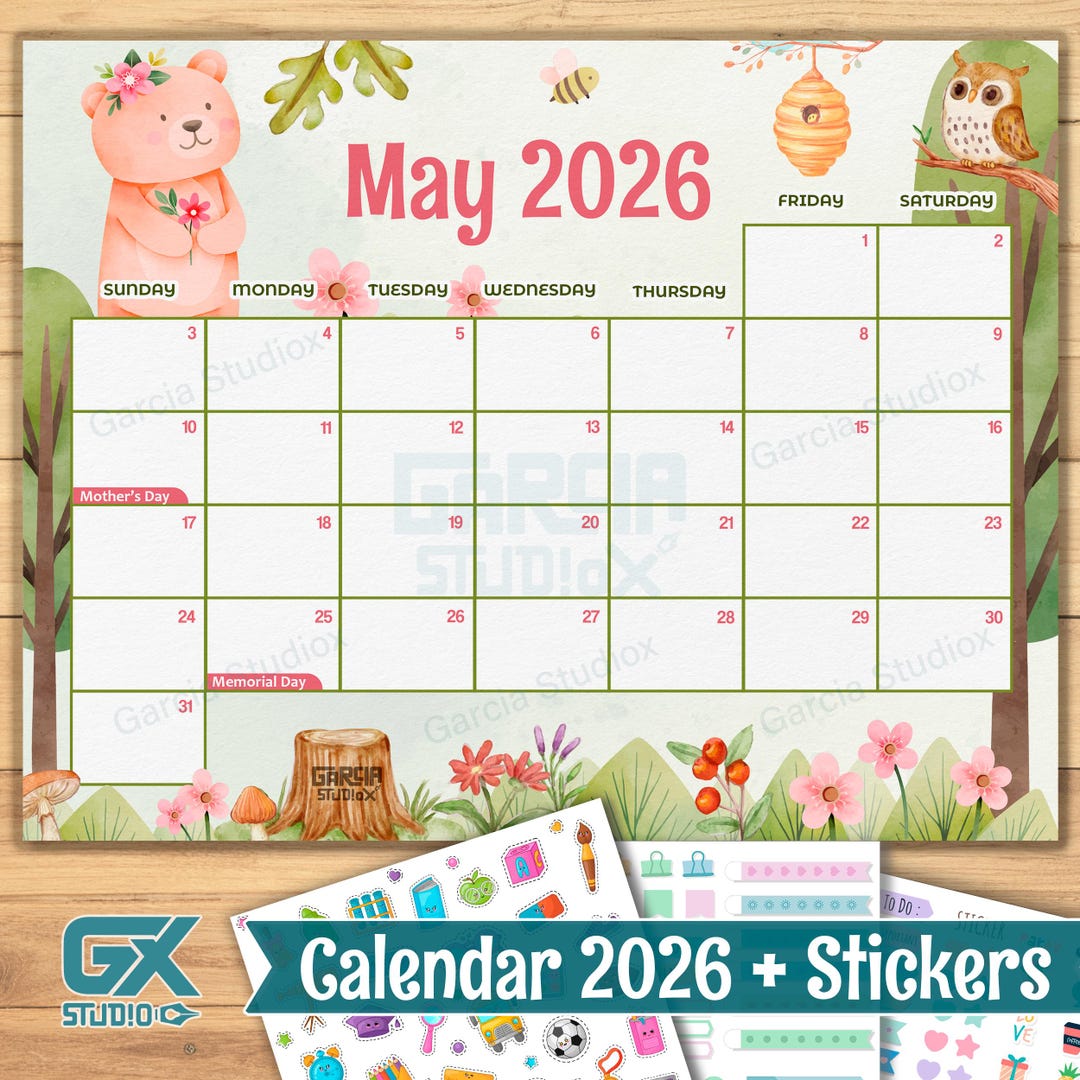 May 2026 Calendar Printable for Kids, Cute Bear Theme, Editable Monthly ...