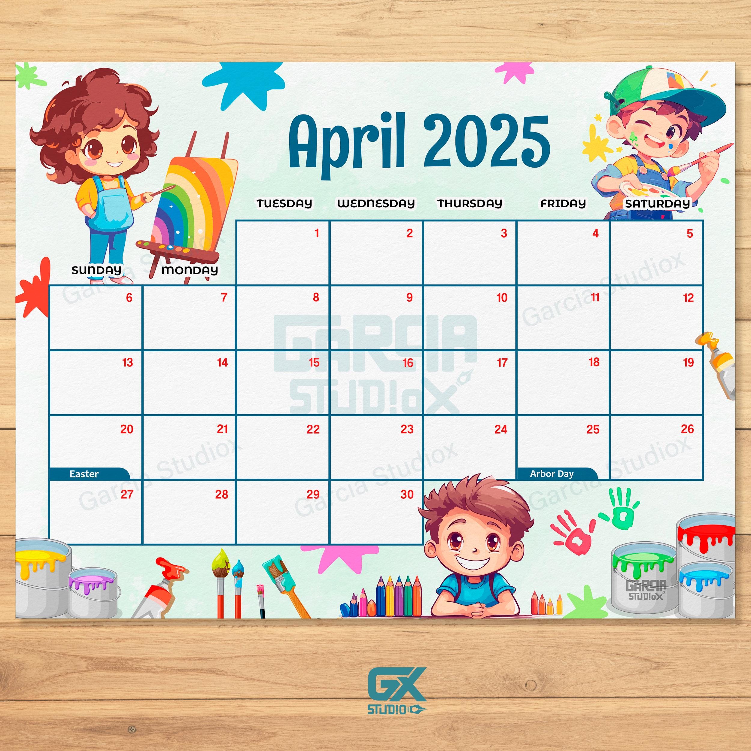 April 2025 Calendar for Kids, Editable Painting Theme, Perfect for ...