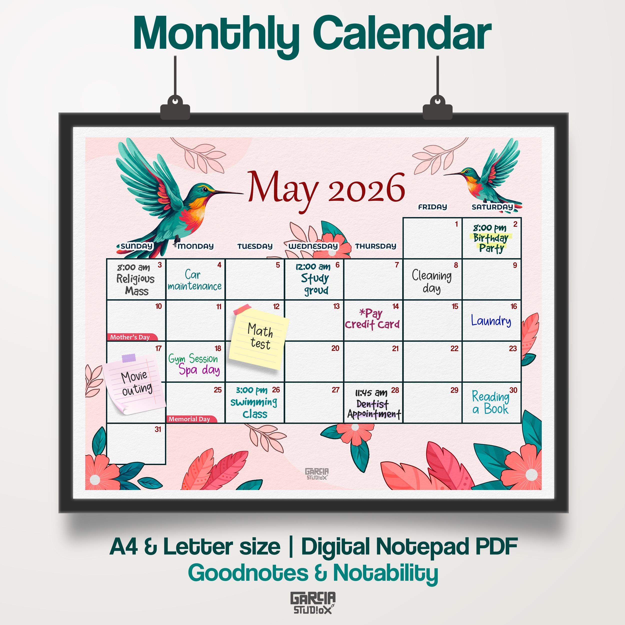May 2026 Calendar Printable With Hummingbird and Flowers, Cute Monthly ...