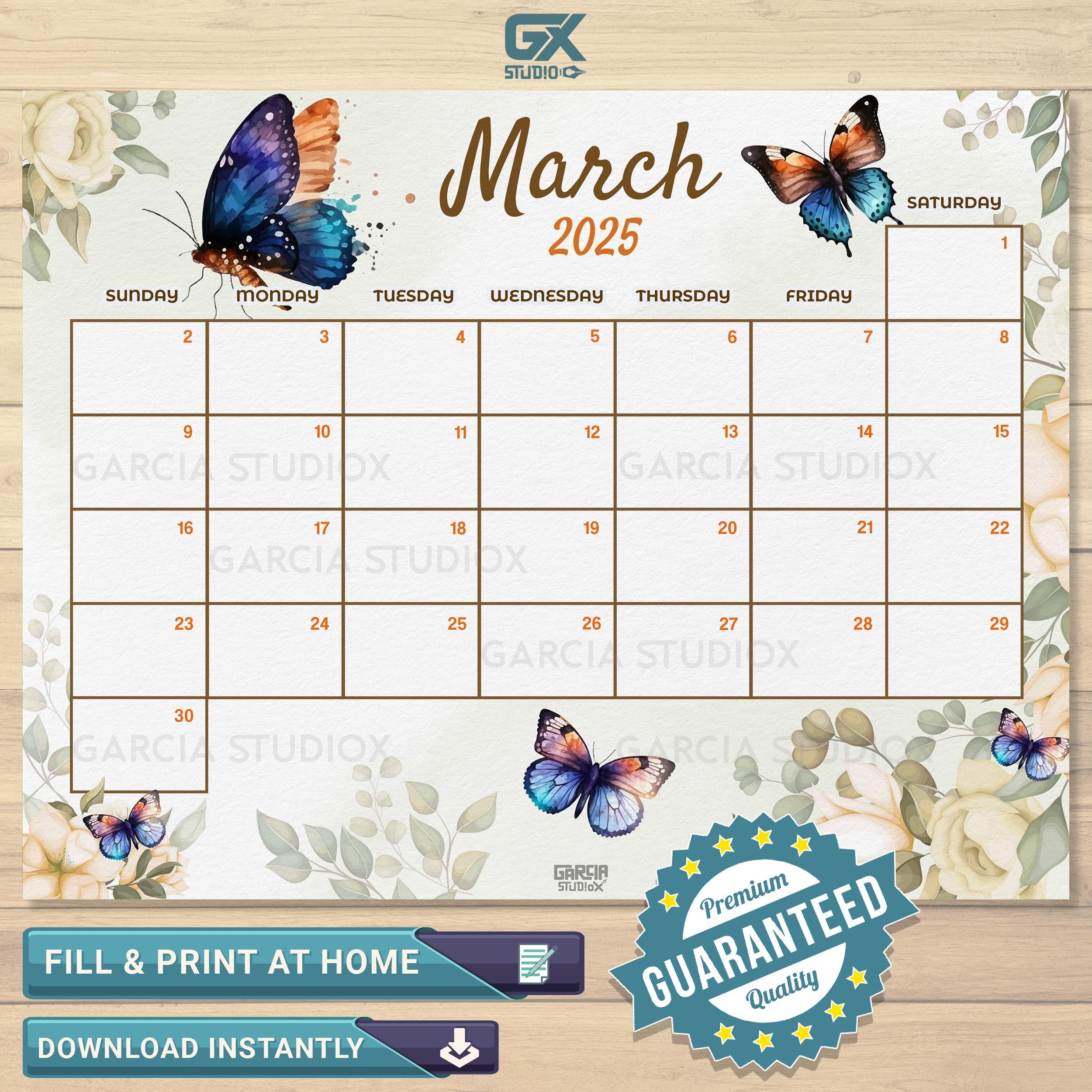 EDITABLE March 2025 Butterfly Calendar Digital Planner, Spring ...