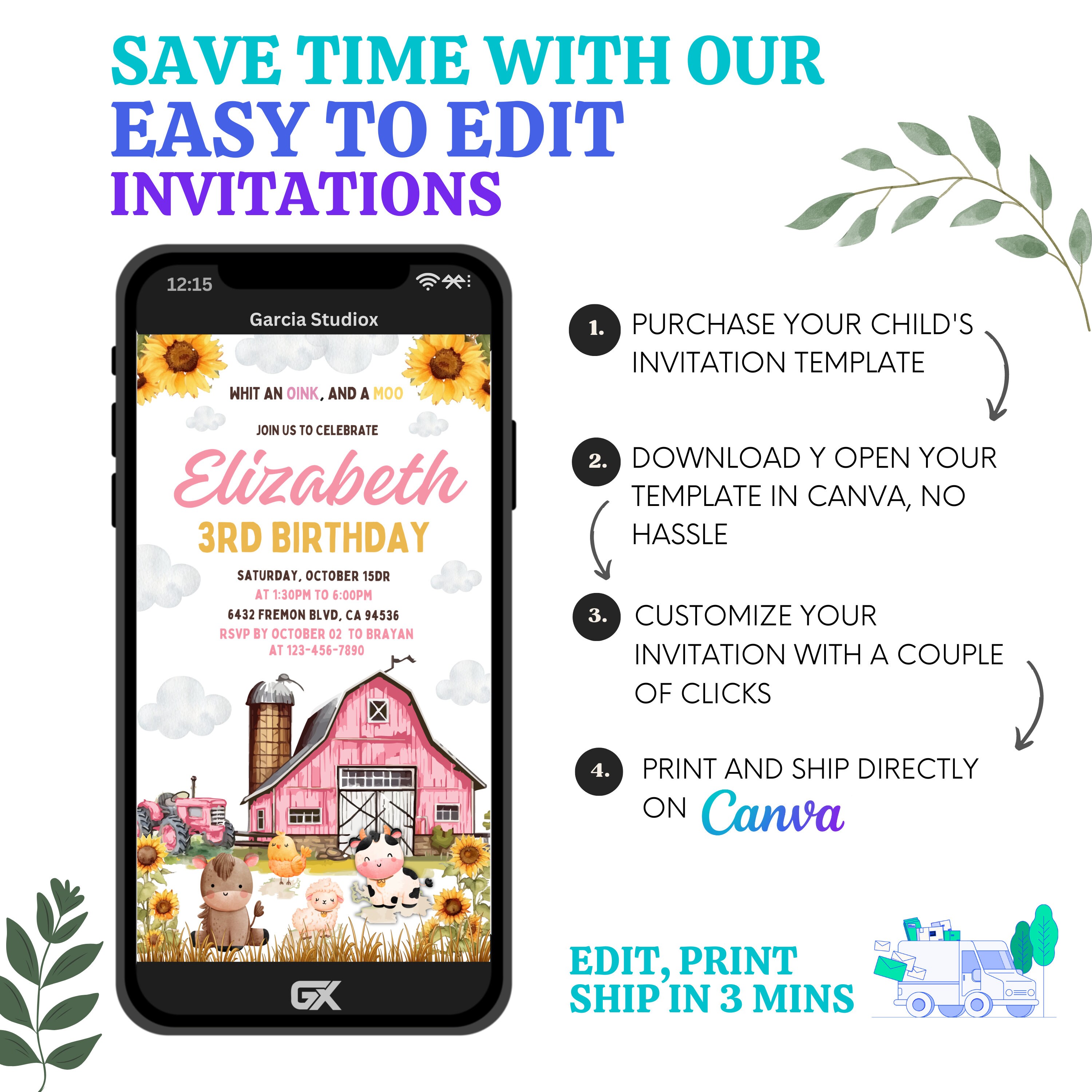 Farm Birthday Party Invitation, Editable Farm Birthday Invitation, Girl ...