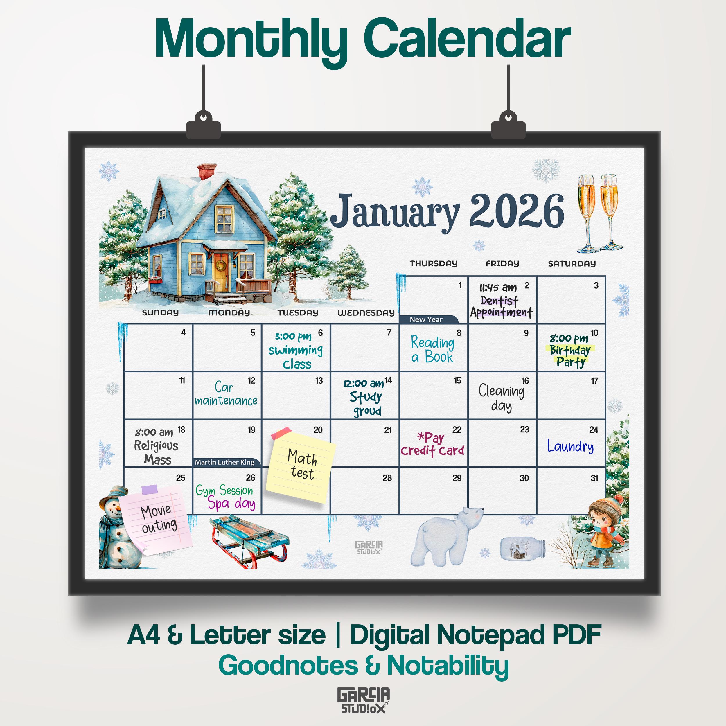 January 2026 Calendar Printable: Winter Cottage Theme (PDF) - Etsy