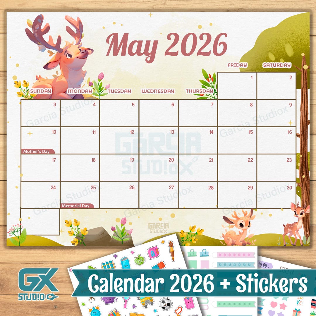 Printable May 2026 Calendar for Kids, Cute Deer Forest Theme, Editable ...