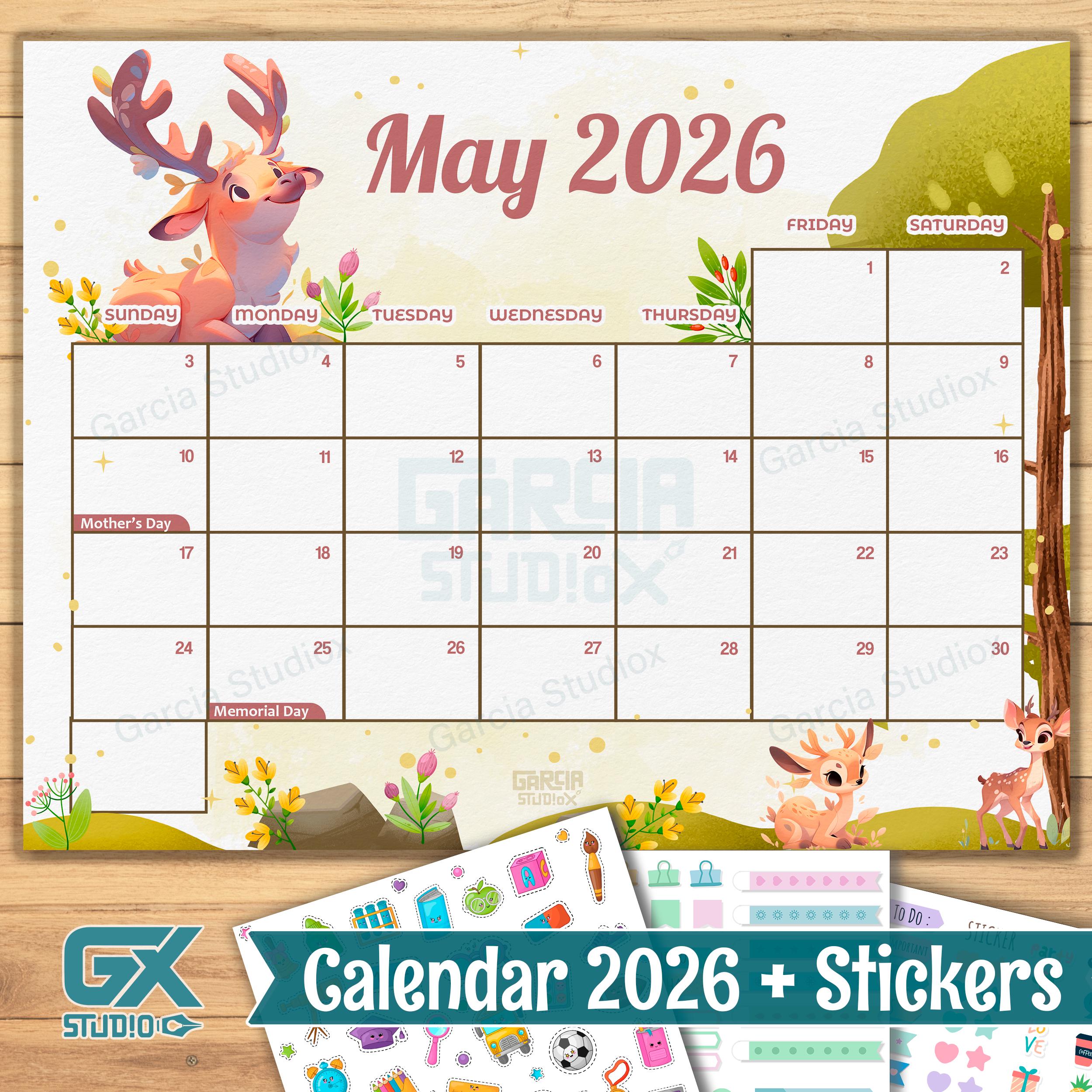 Printable May 2026 Calendar for Kids, Cute Deer Forest Theme, Editable ...