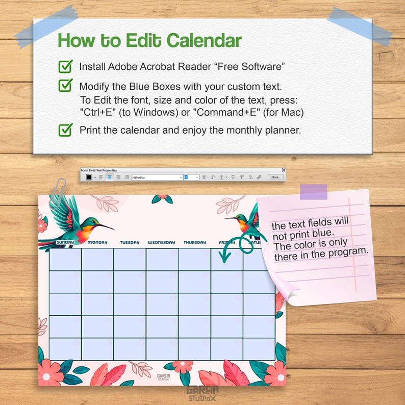 Hummingbird Perpetual Calendar: Floral Fillable Monthly Planner ...