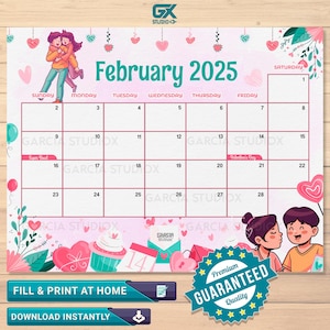 Editable February 2025 Calendar for Kids: Printable and Digital Monthly ...