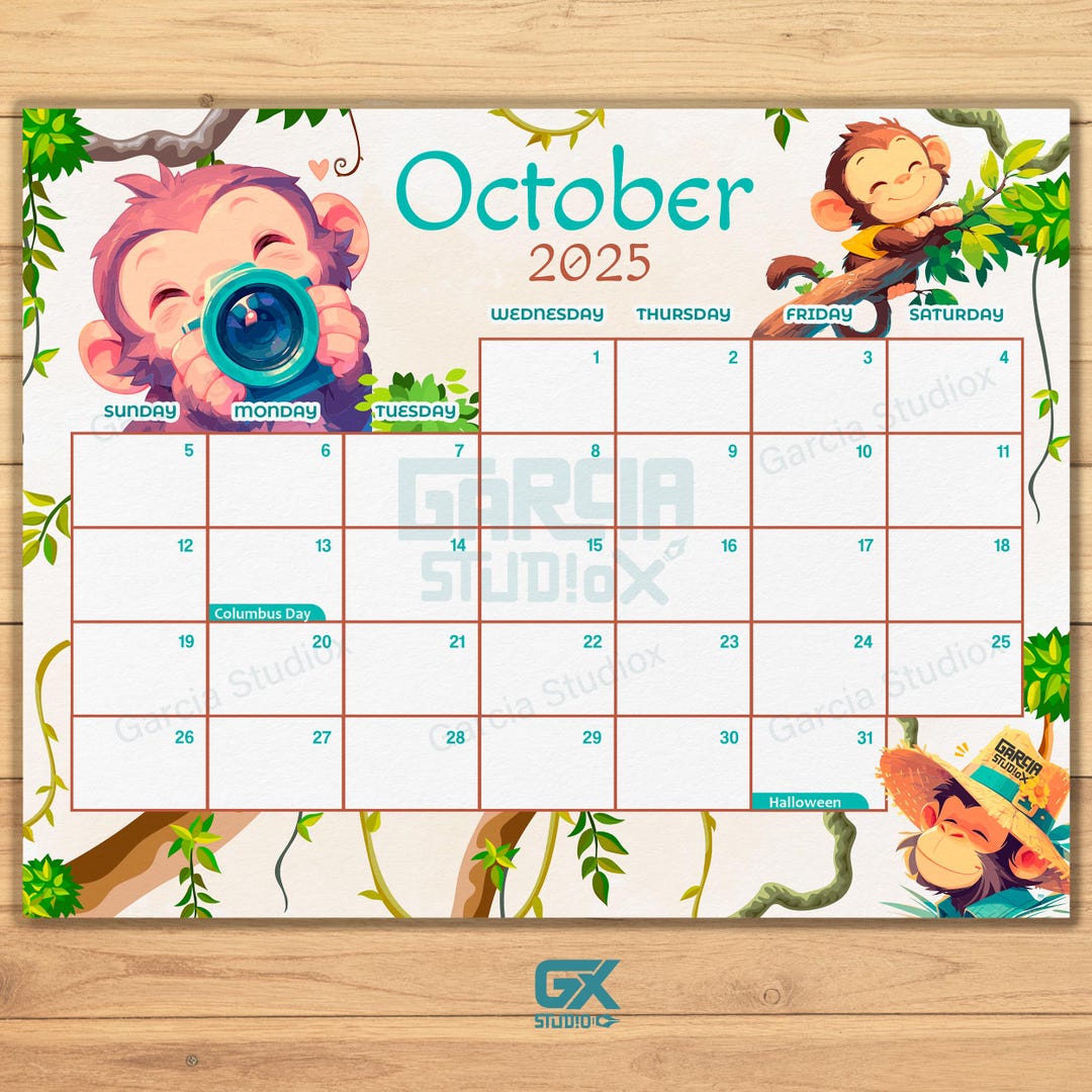 EDITABLE October 2025 Themed Safari Calendar, Monkey Design, Printable ...