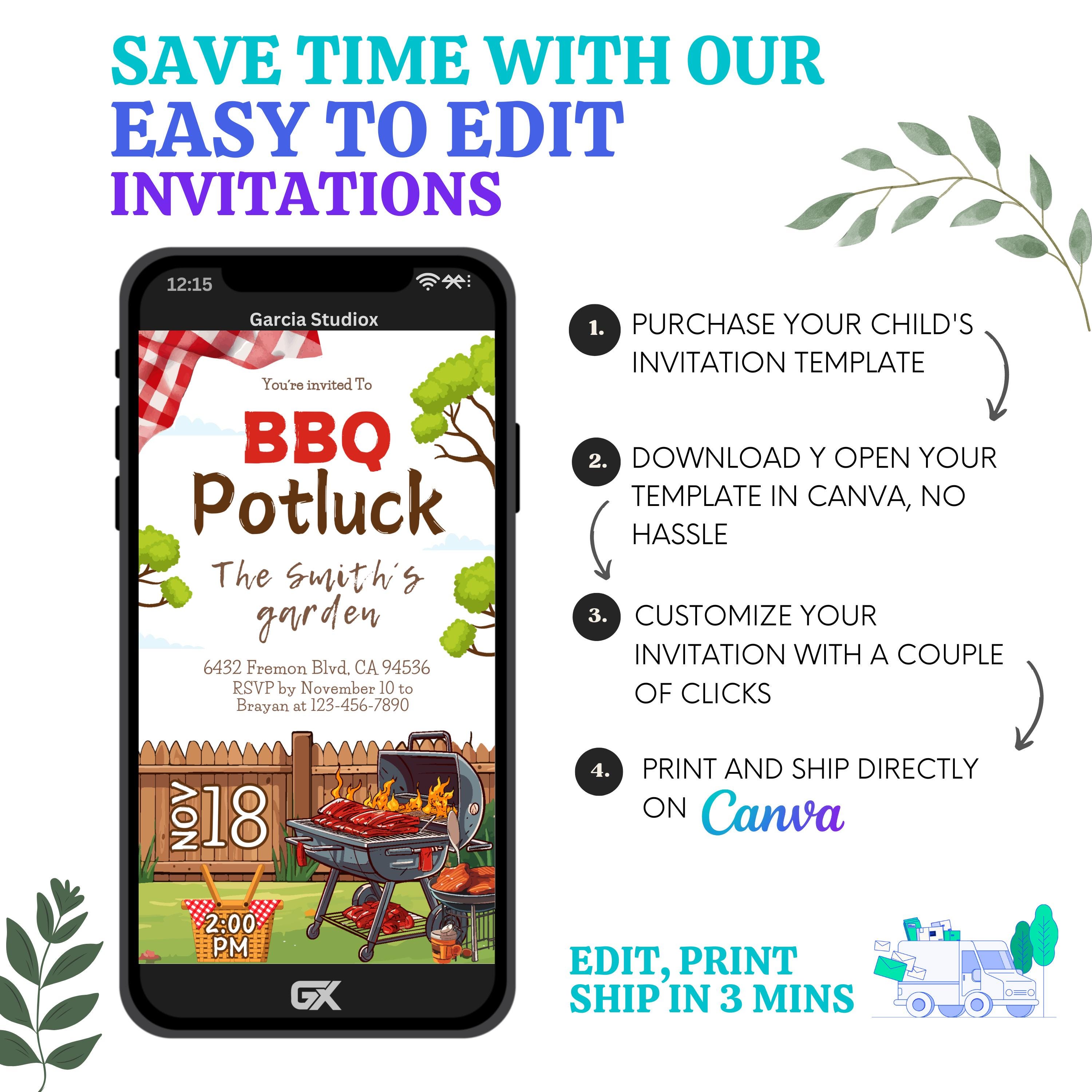 EDITABLE Colorful BBQ Potluck Invitation, Picnic, Grill & Outdoor ...