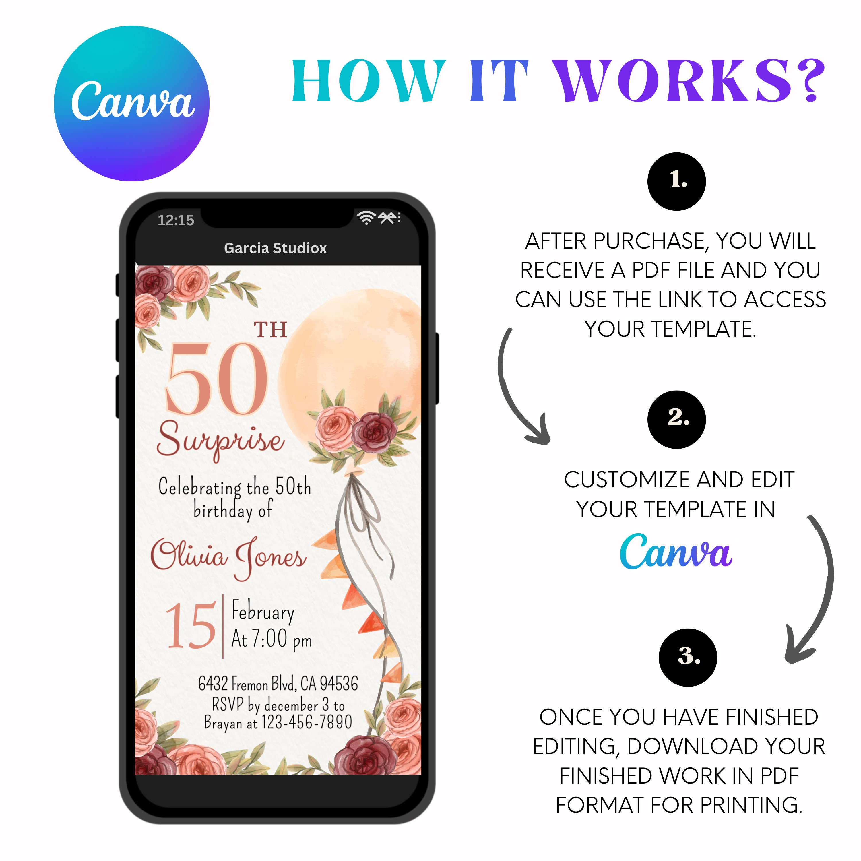 Editable 50th Birthday Invitation Template Women Birthday - Etsy