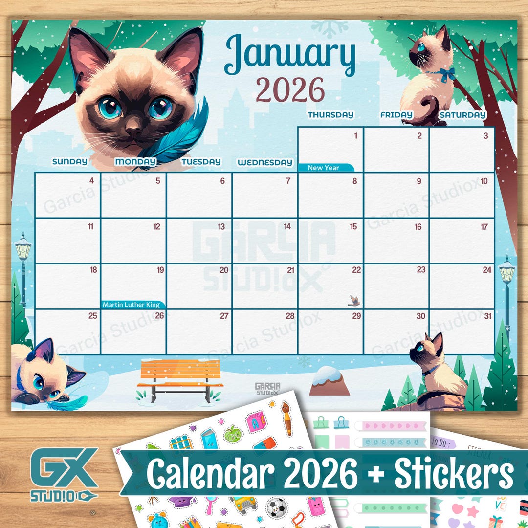 January 2026 Calendar Printable With Holidays | Siamese Cat Theme ...