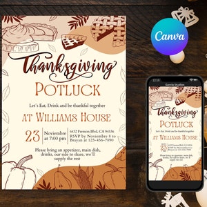 Thanksgiving Potluck, Editable Thanksgiving Potluck Invitation Template ...
