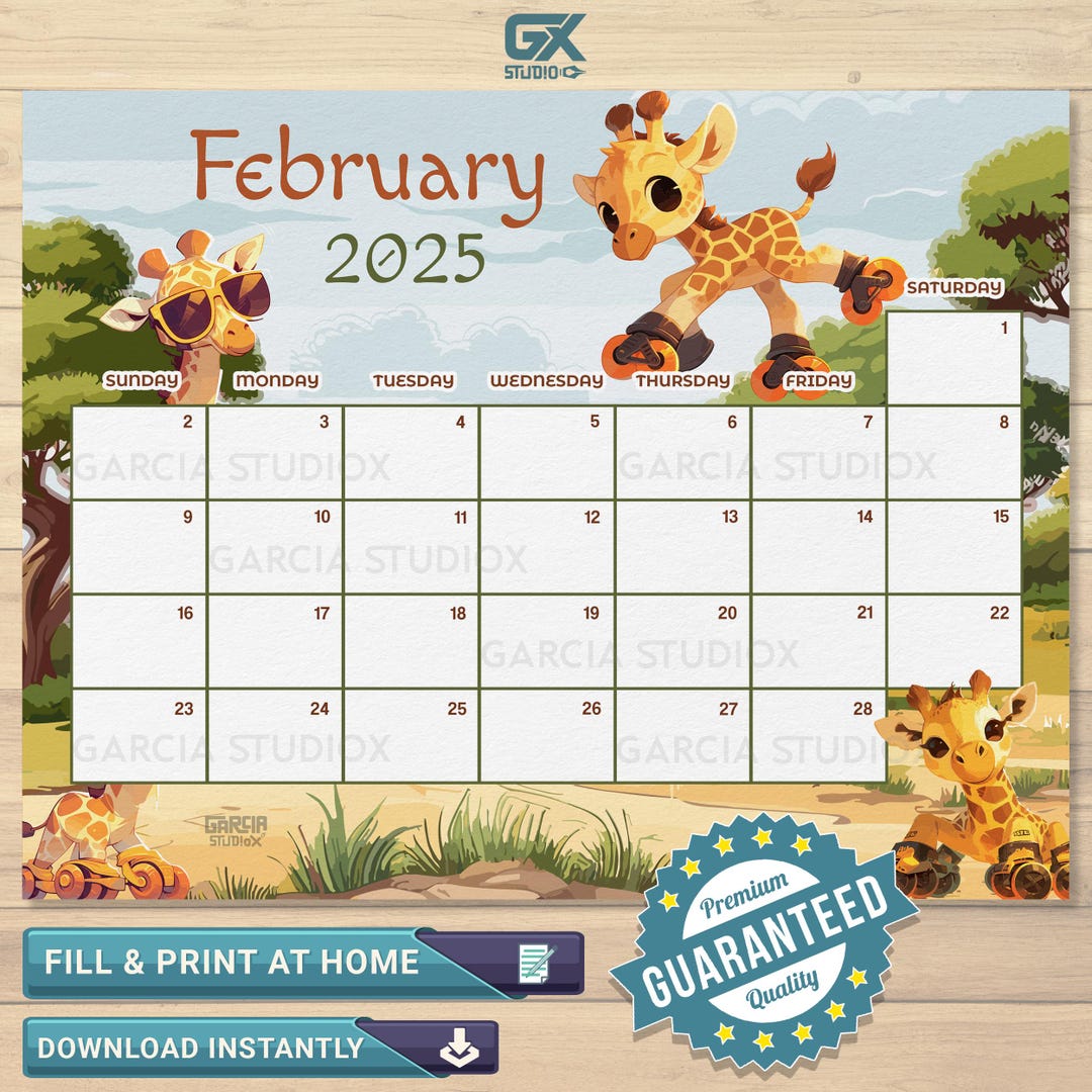 February 2025 Editable Giraffe Calendar Printable Safari-themed Digital ...
