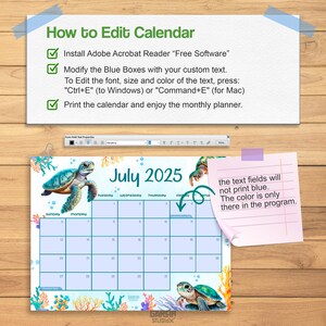 EDITABLE July 2025 Calendar With Sea Turtle Design, Fillable Summer ...