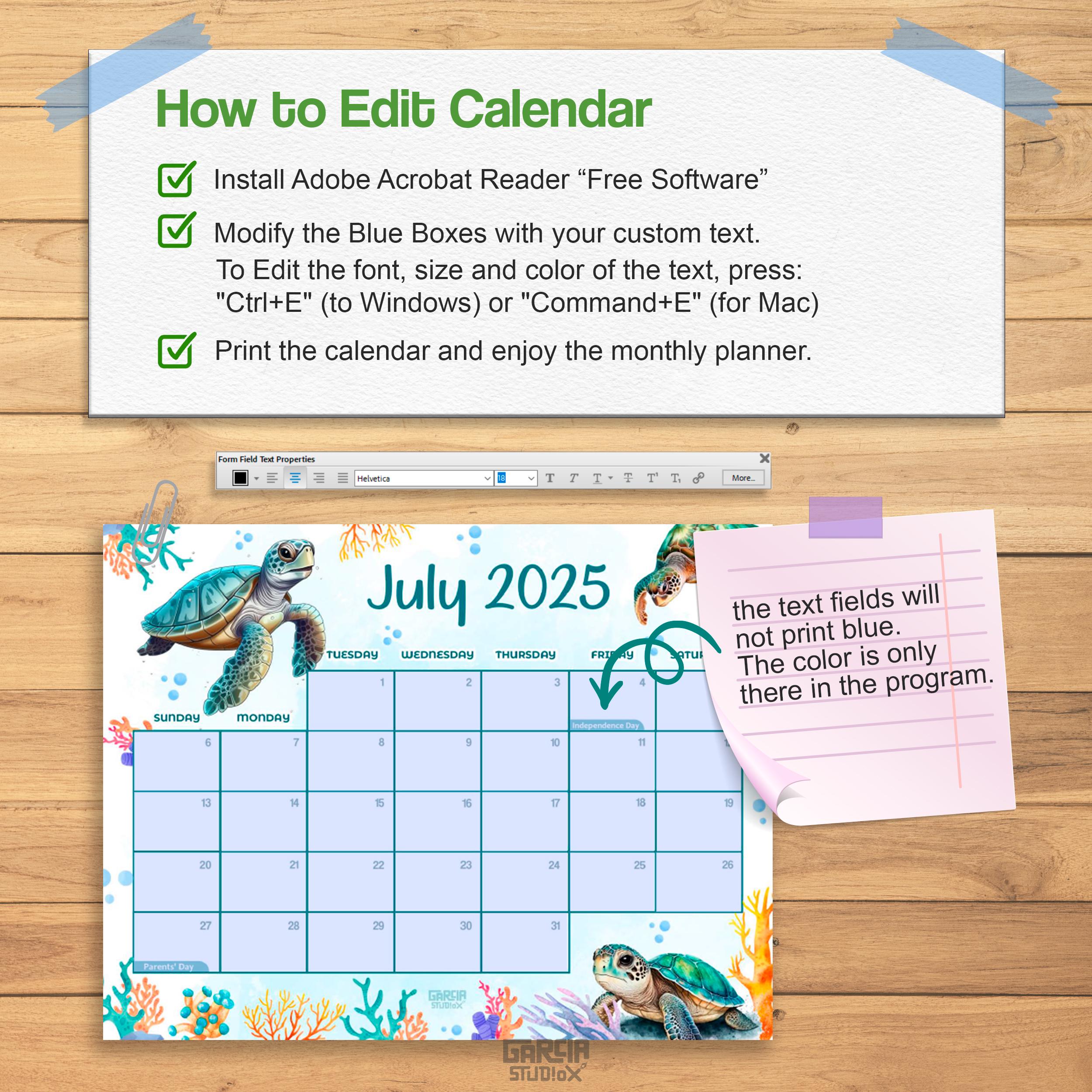 EDITABLE July 2025 Calendar With Sea Turtle Design, Fillable Summer ...
