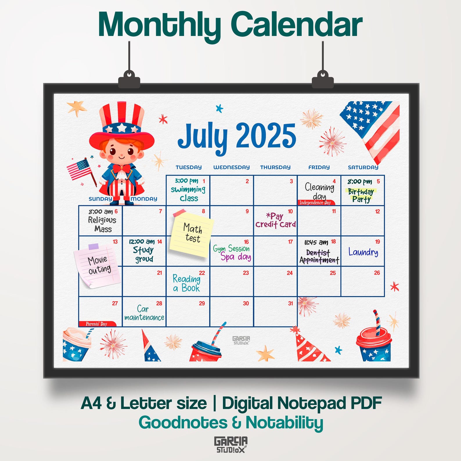 July 2025 Kids Calendar | 4th of July Independence Day Theme ...