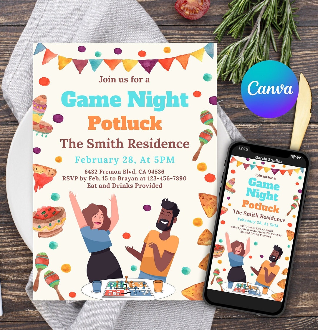 Game Night Potluck Invitation, Game Party Potluck Invite, Board Game ...