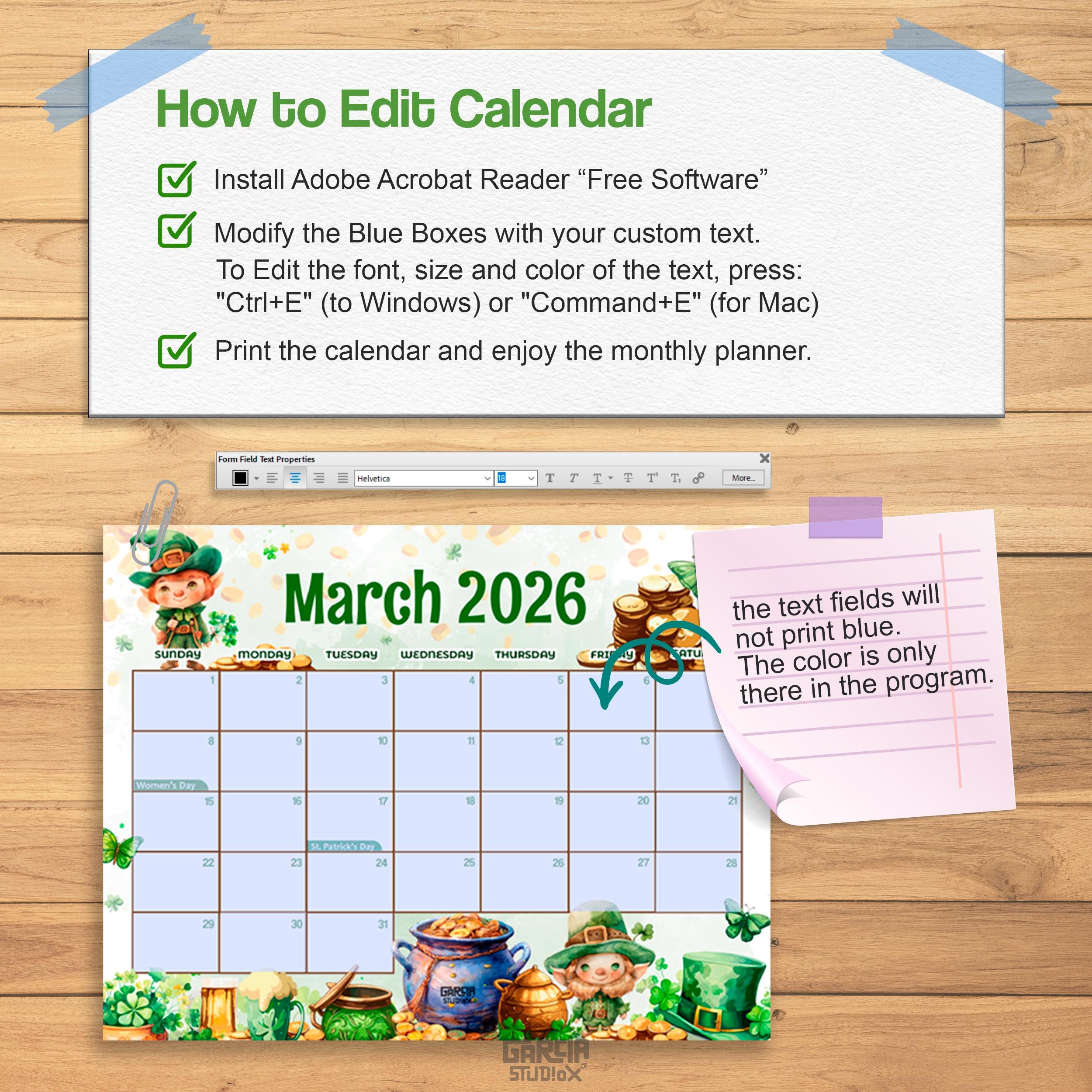 March 2026 Calendar Printable St. Patricks Day Theme, Cute Leprechaun ...