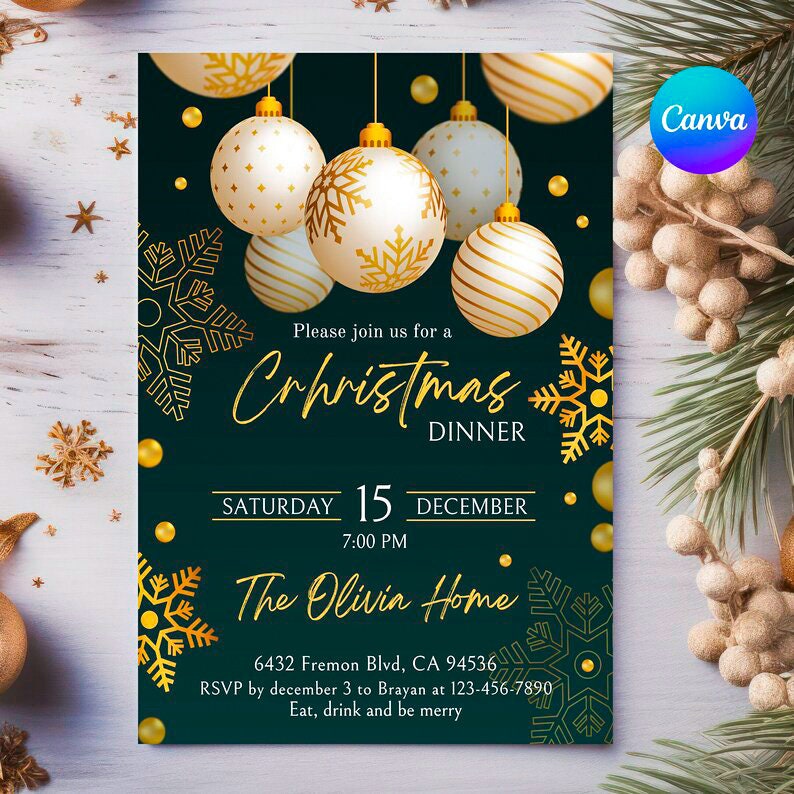 Christmas Dinner Party Invitation Template, Xmas Dinner Invite, Winter ...