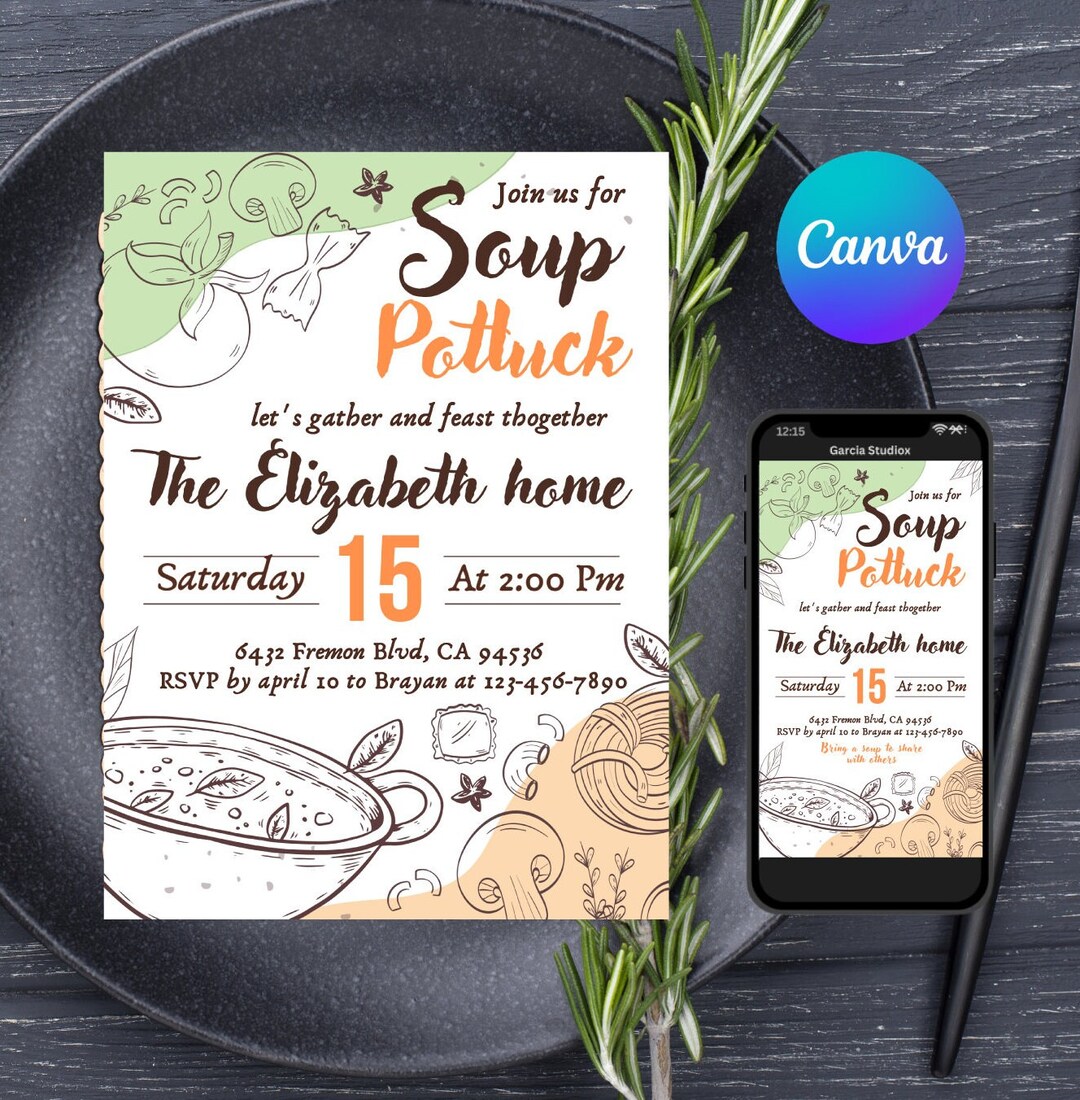Soup Potluck Invitation Template, Editable Invite Soup Potluck, Soup ...