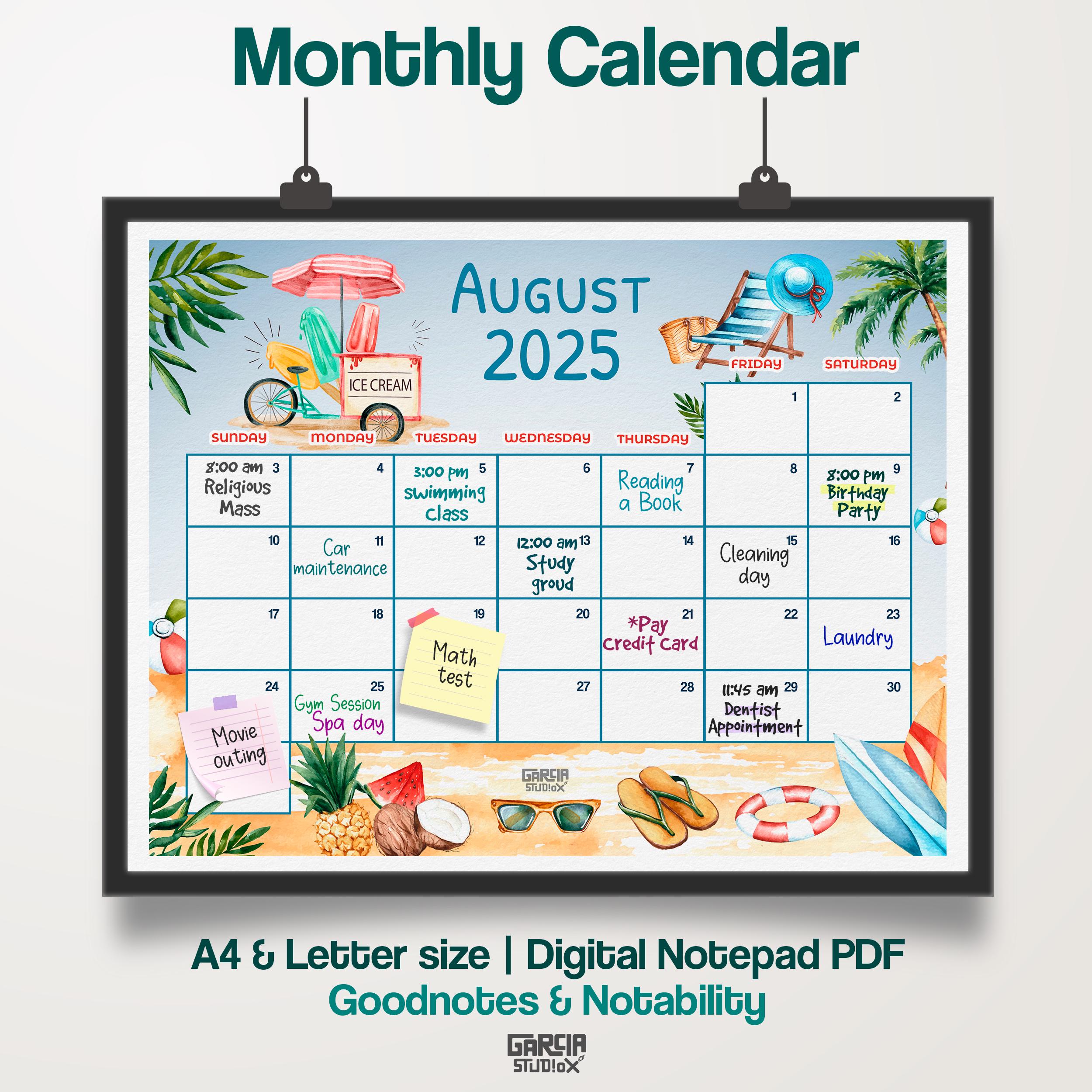 EDITABLE August 2025 Calendar, Fillable Summer Beach Planner, Monthly ...