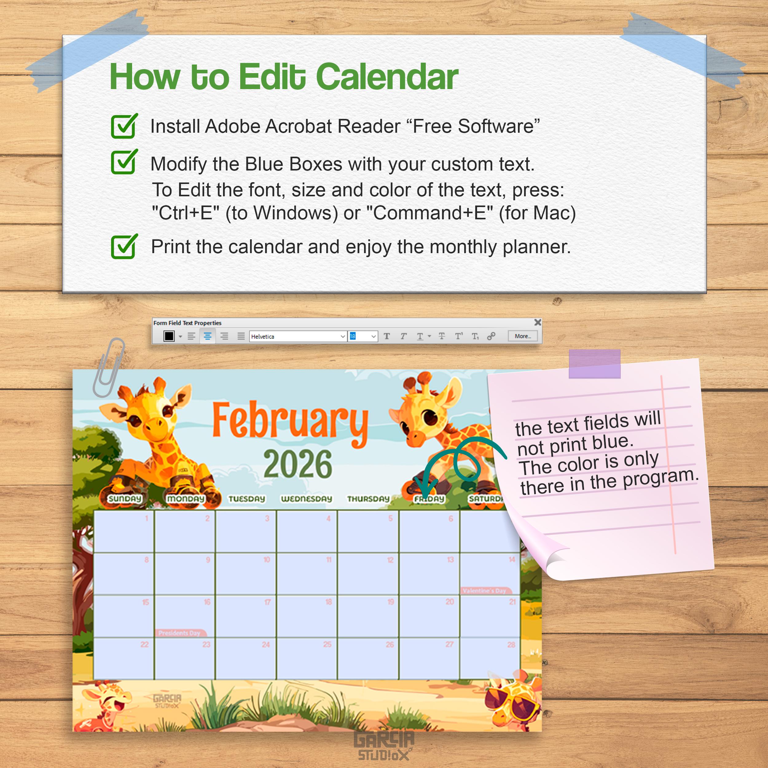 February 2026 Printable Calendar for Kids, Cute Safari Giraffe Theme ...