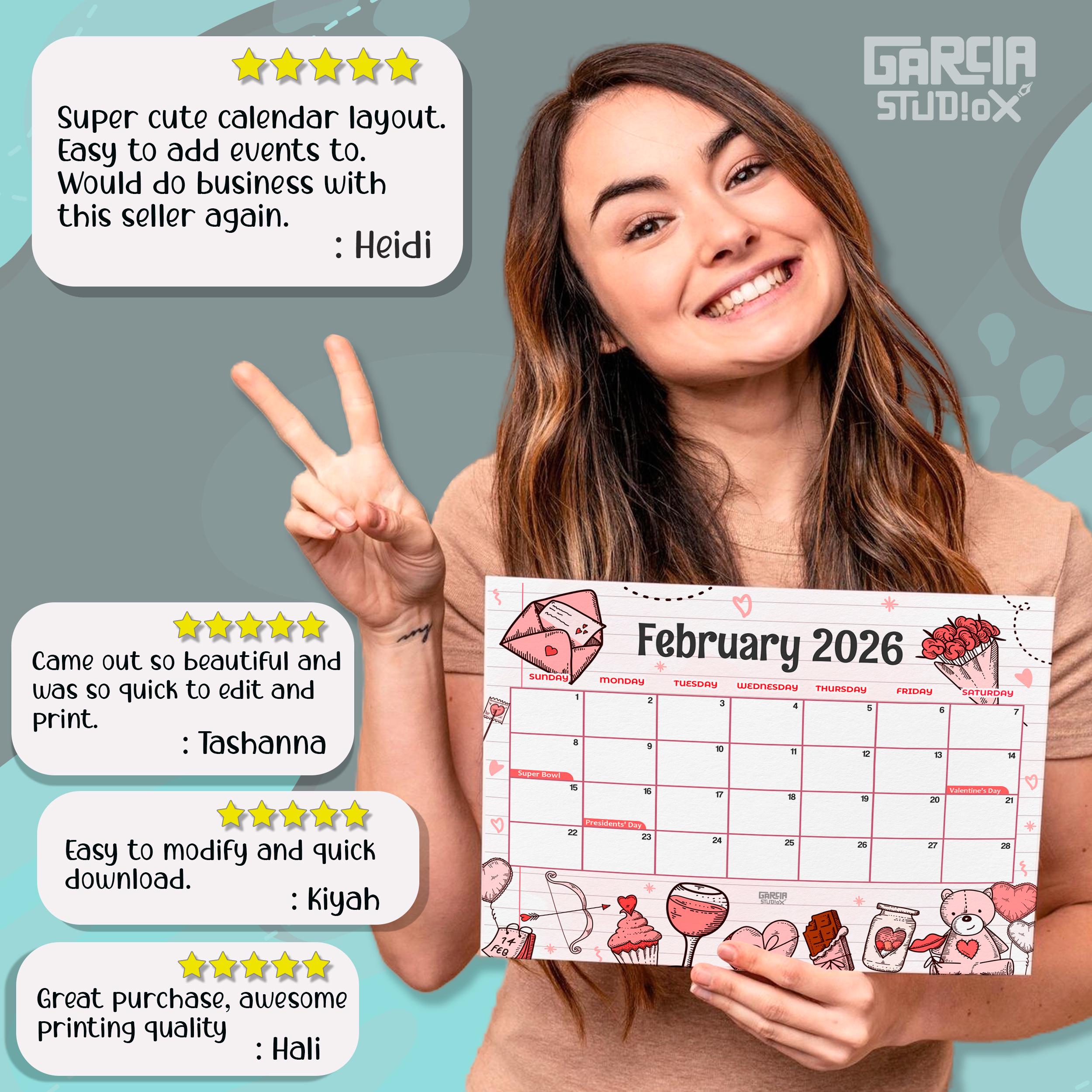 February 2026 Calendar Printable, Cute Valentines Day Theme PDF ...