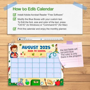 EDITABLE August 2025 Calendar, Fillable Back to School Planner, Monthly ...