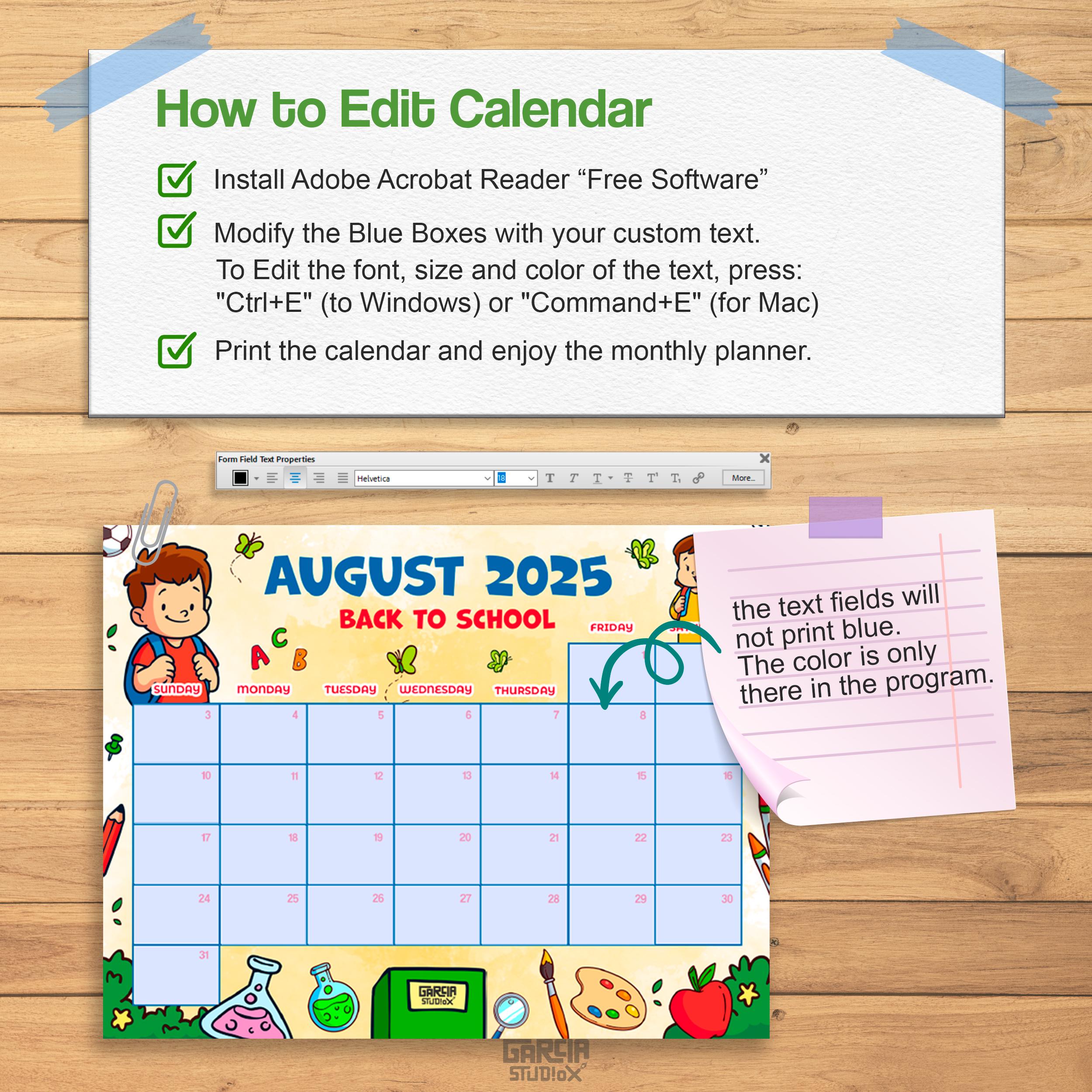 EDITABLE August 2025 Calendar, Fillable Back to School Planner, Monthly ...