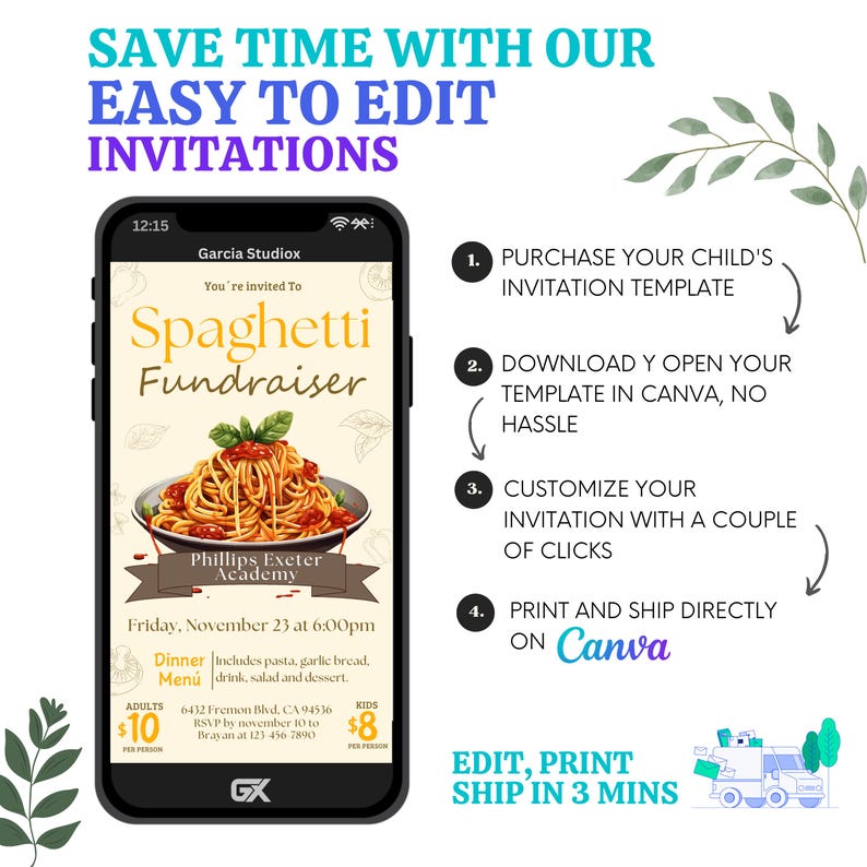 EDITABLE Spaghetti Fundraiser Invitation, Custom Pasta Dinner Charity ...