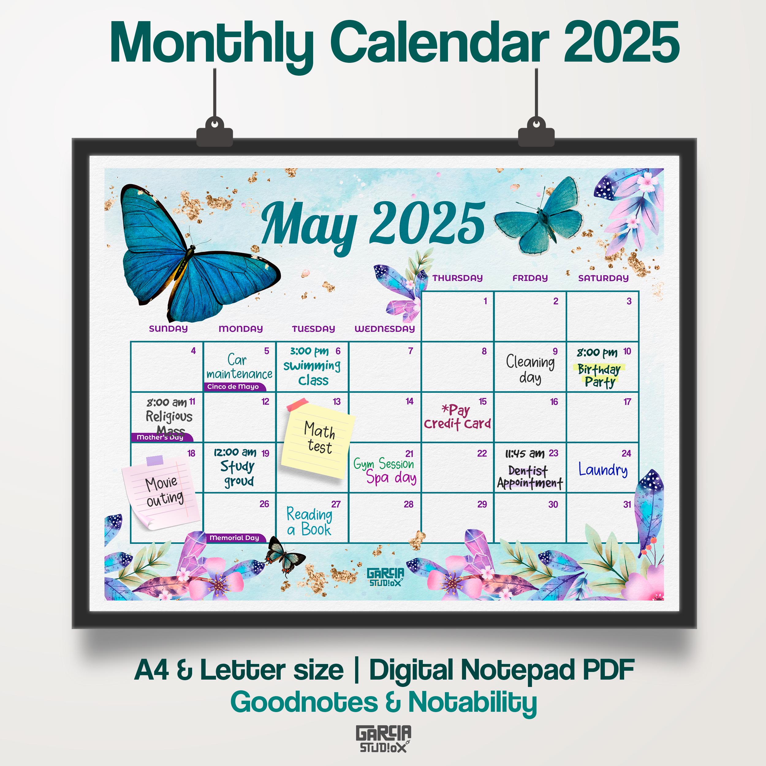 May 2025 Digital Calendar, Printable Spring Planner, Monthly Calendar ...